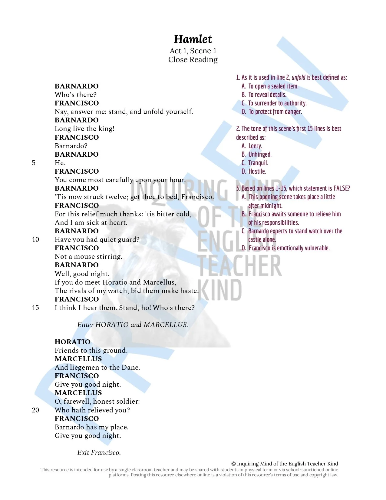 Hamlet Close Reading Analysis Worksheets and Answer Keys Bundle for ...