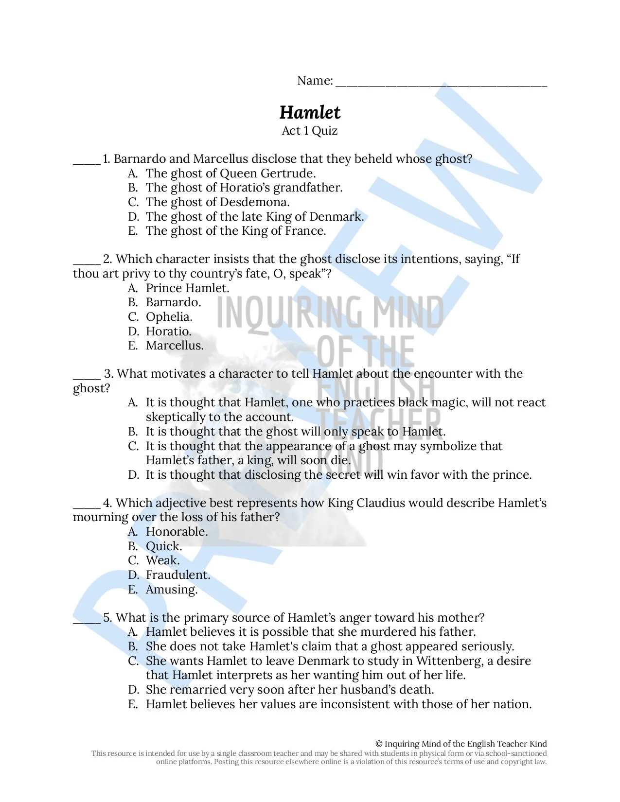 Hamlet Quiz and Answer Key Bundle for High School - Inquiring Mind of ...