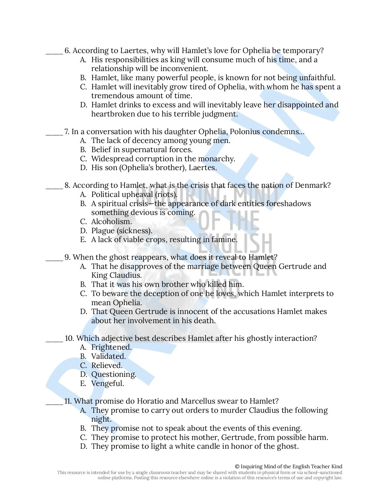 Hamlet Quiz and Answer Key Bundle for High School - Inquiring Mind of ...