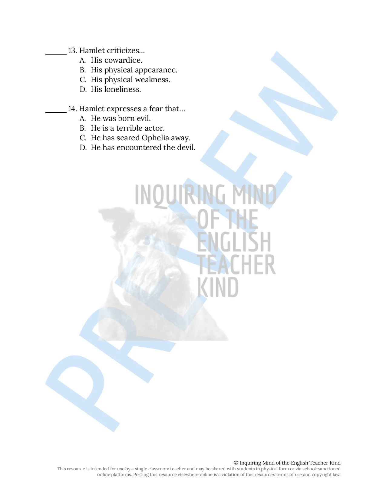 Hamlet Quiz and Answer Key Bundle for High School - Inquiring Mind of ...