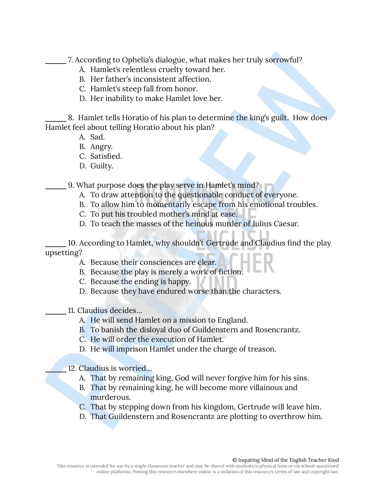 Hamlet Quiz and Answer Key Bundle for High School - Inquiring Mind of ...