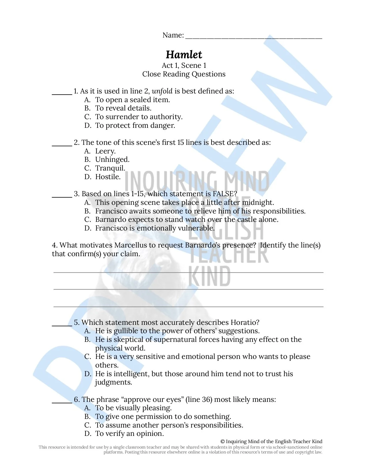 Hamlet Close Reading Analysis Worksheets and Answer Keys Bundle for ...