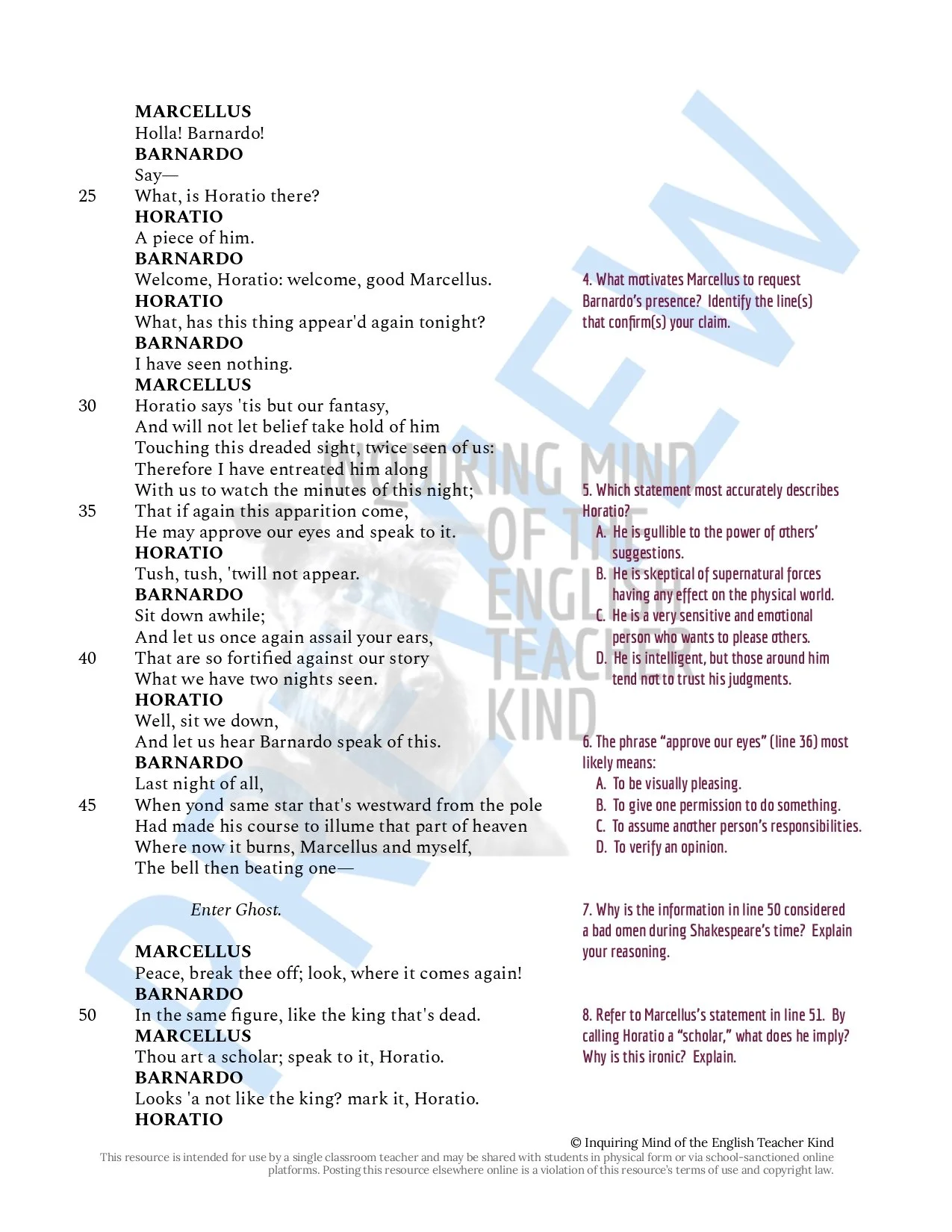 Hamlet Close Reading Analysis Worksheets and Answer Keys Bundle for ...
