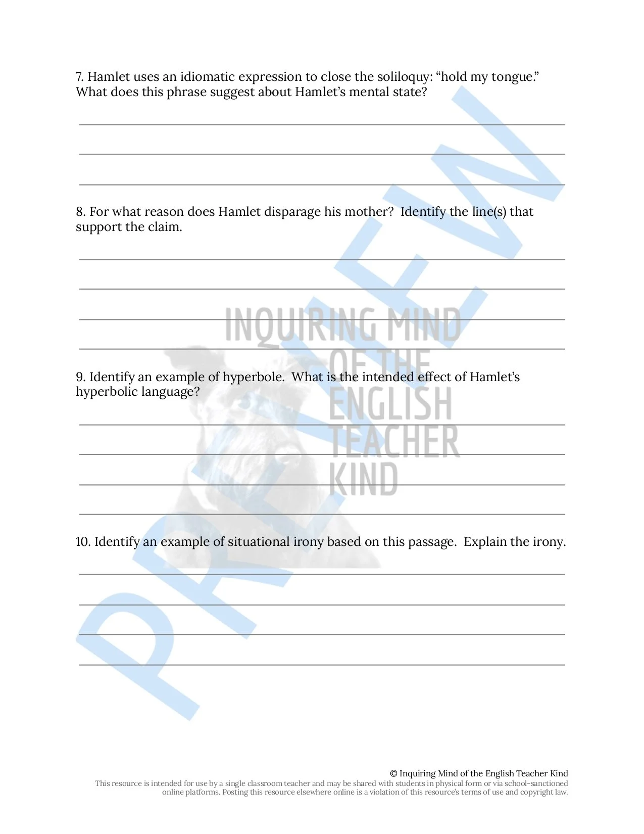 Hamlet Close Reading Analysis Worksheets and Answer Keys Bundle for ...