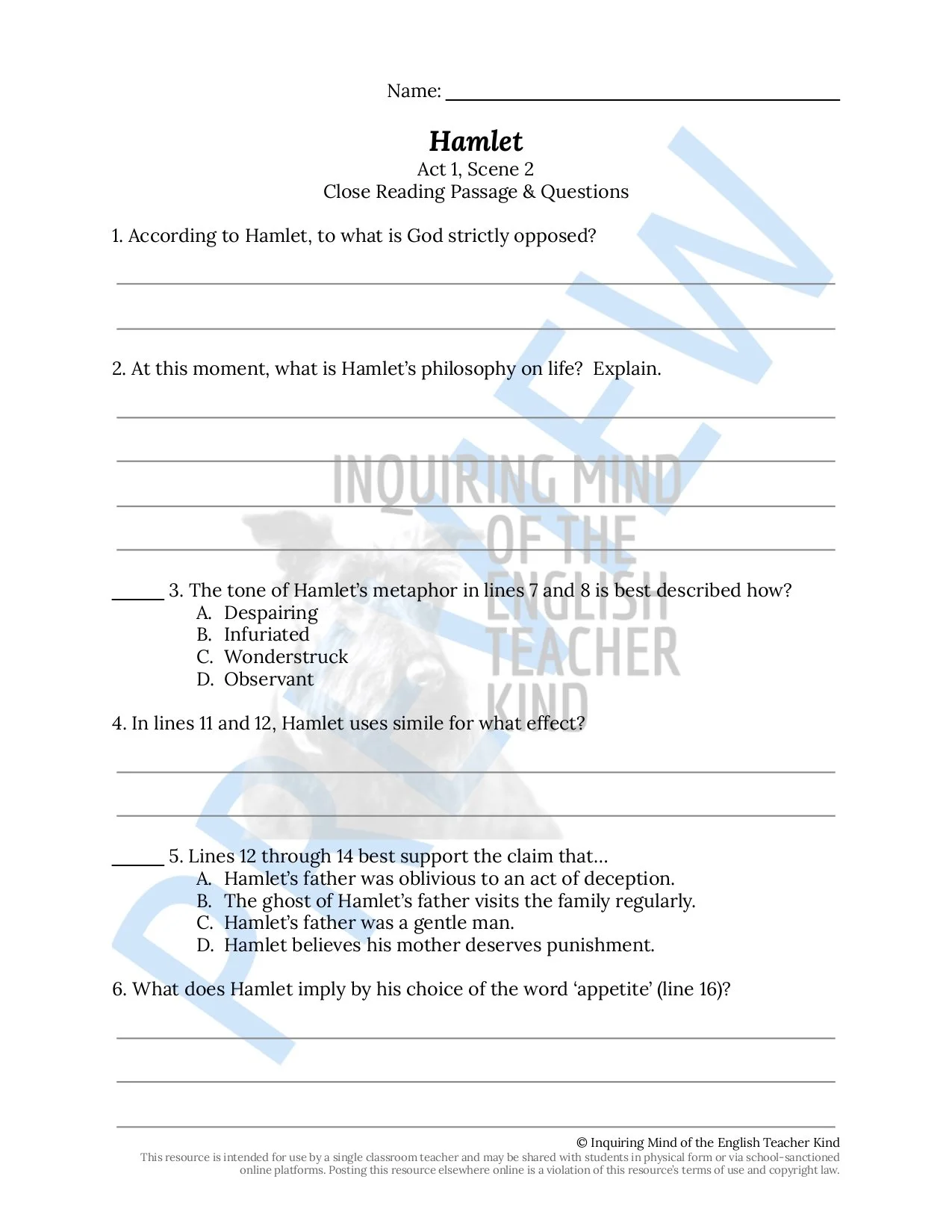 Hamlet Close Reading Analysis Worksheets and Answer Keys Bundle for ...