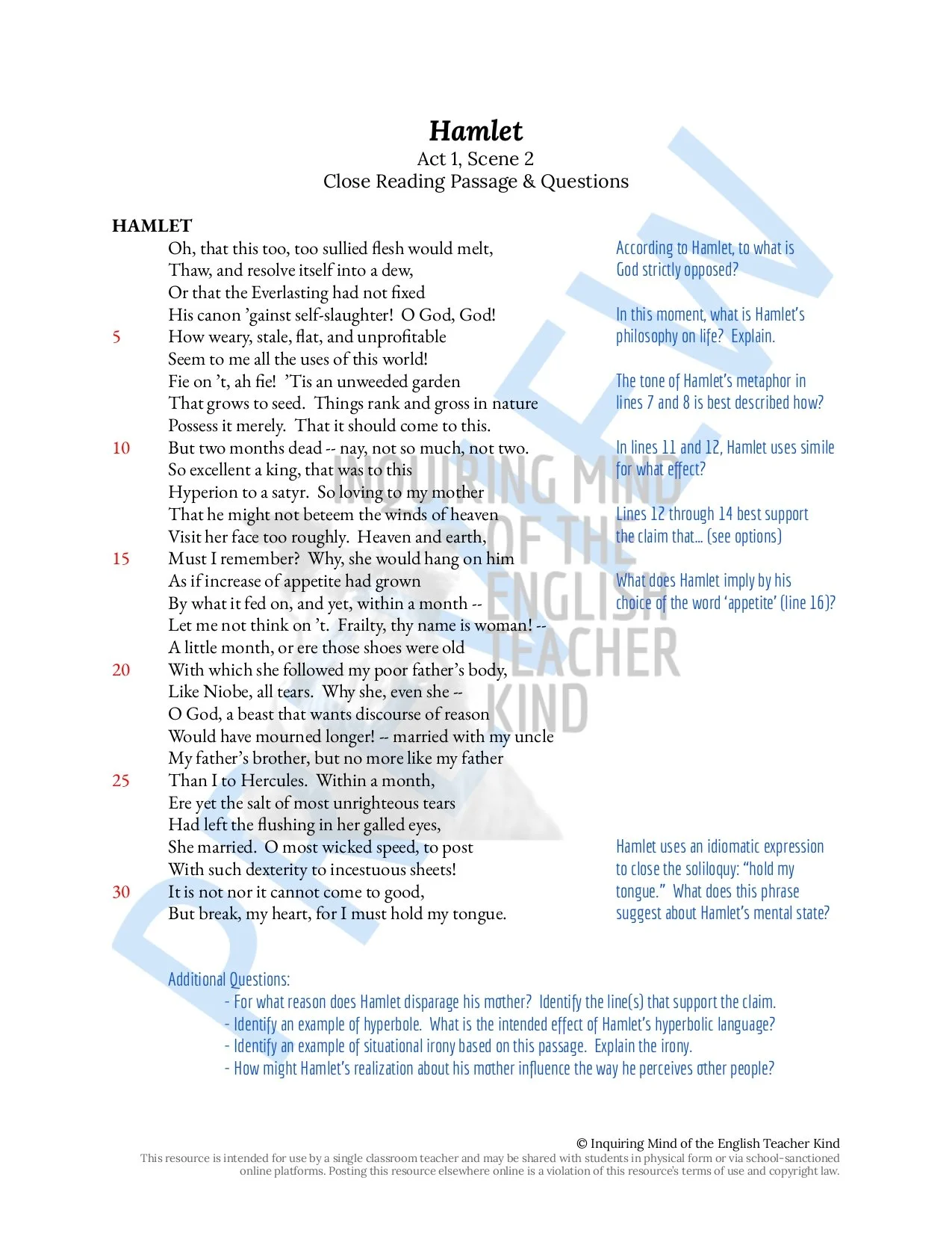 Hamlet Close Reading Analysis Worksheets and Answer Keys Bundle for ...