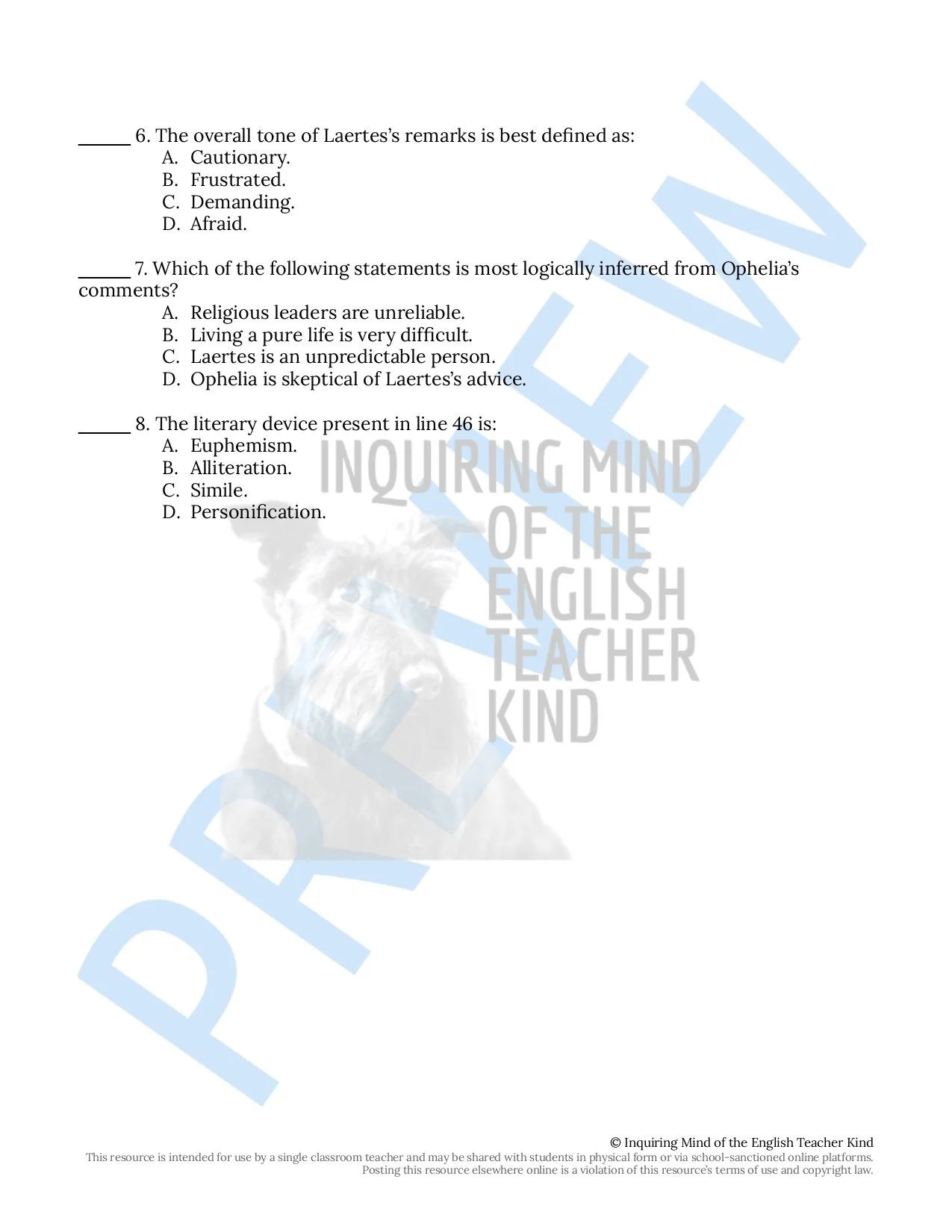 Hamlet Close Reading Analysis Worksheets and Answer Keys Bundle for ...