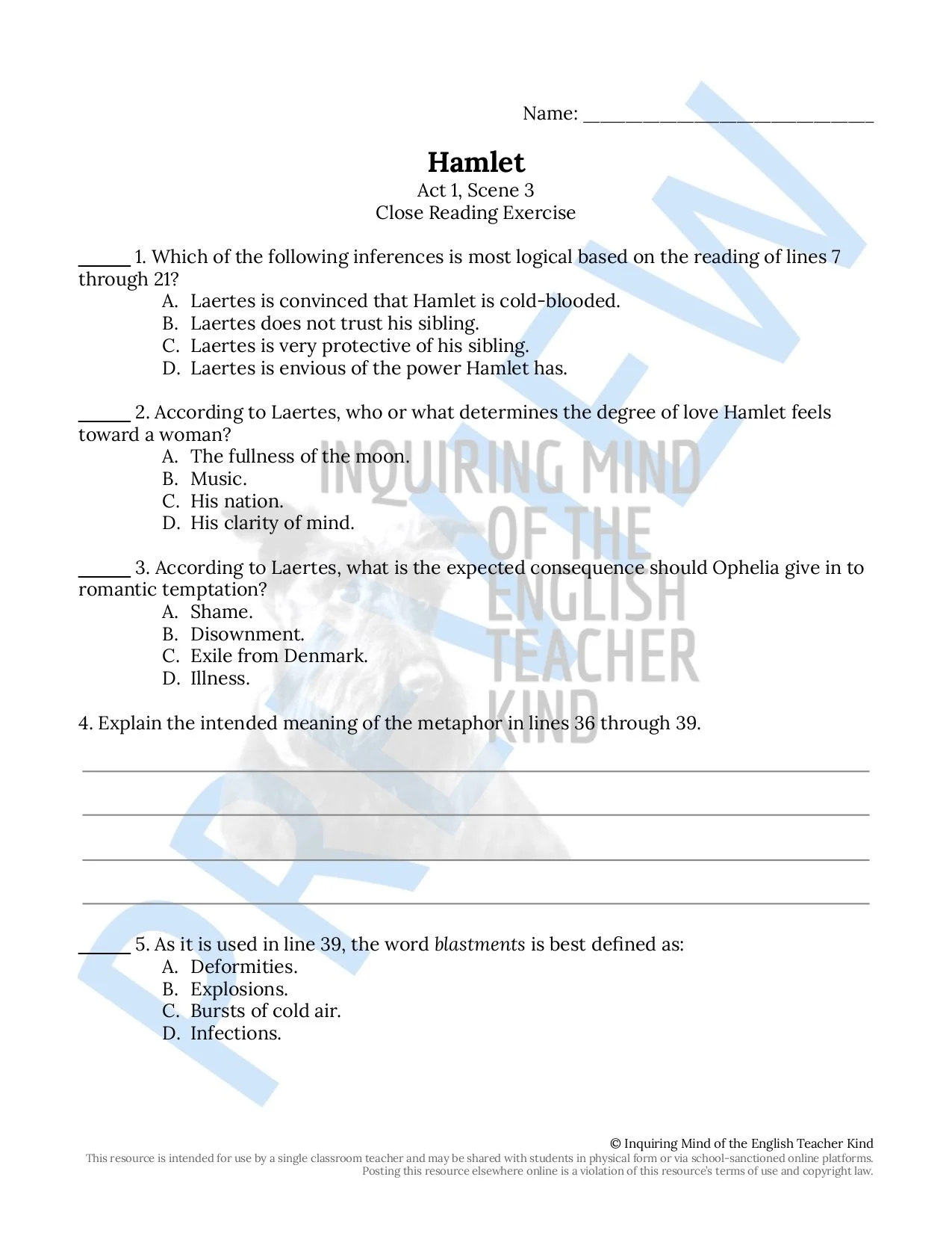 Hamlet Close Reading Analysis Worksheets and Answer Keys Bundle for ...