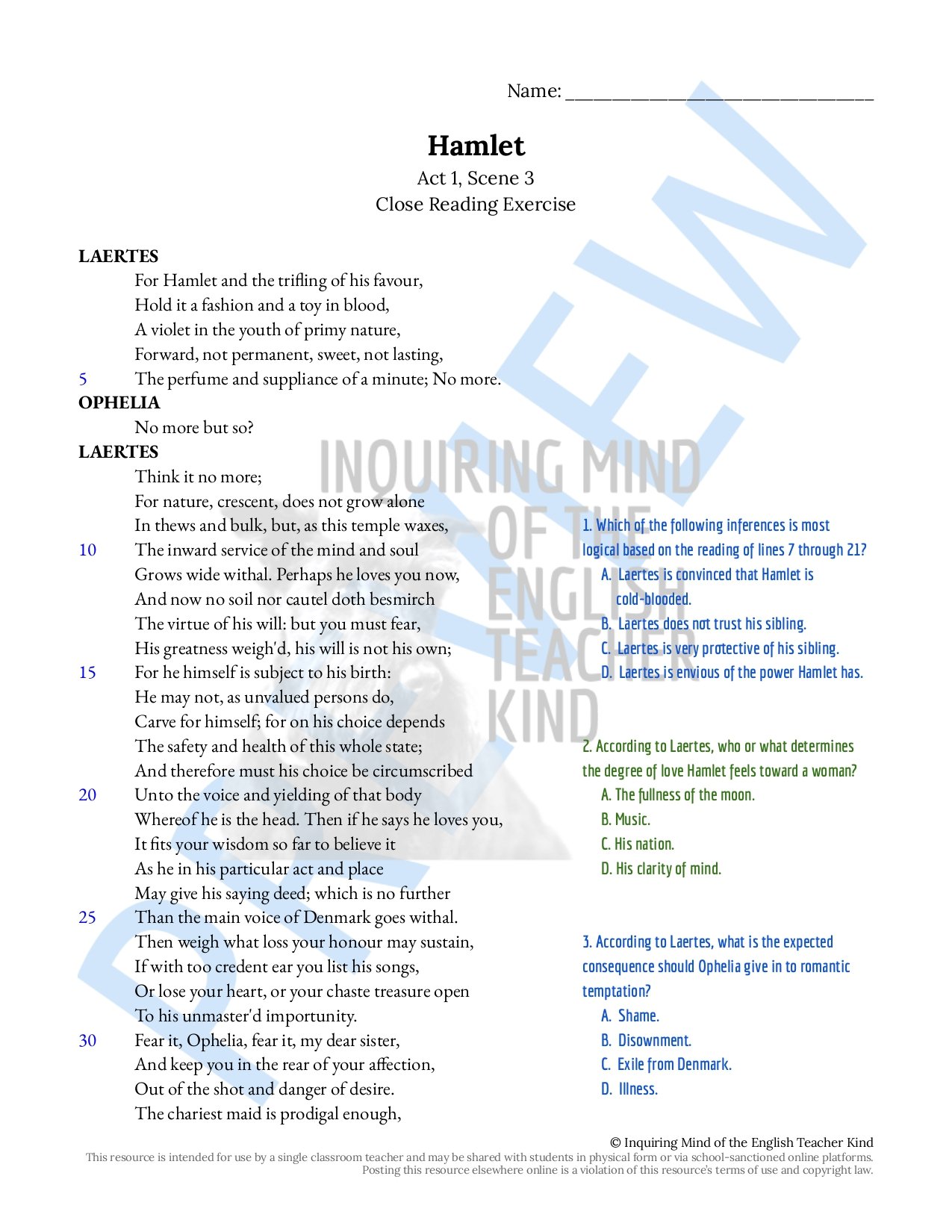 Hamlet Close Reading Analysis Worksheets and Answer Keys Bundle for ...