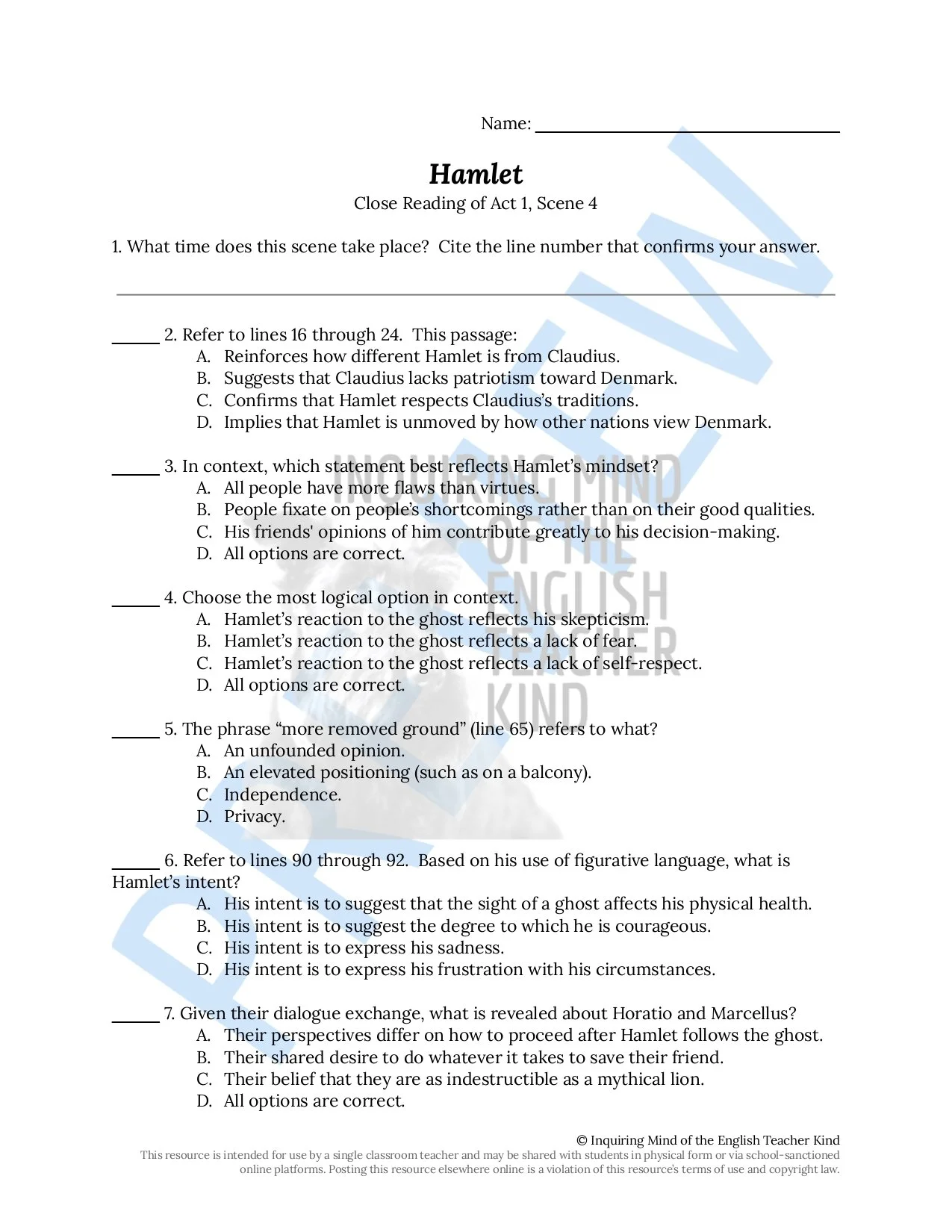 Hamlet Close Reading Analysis Worksheets and Answer Keys Bundle for ...