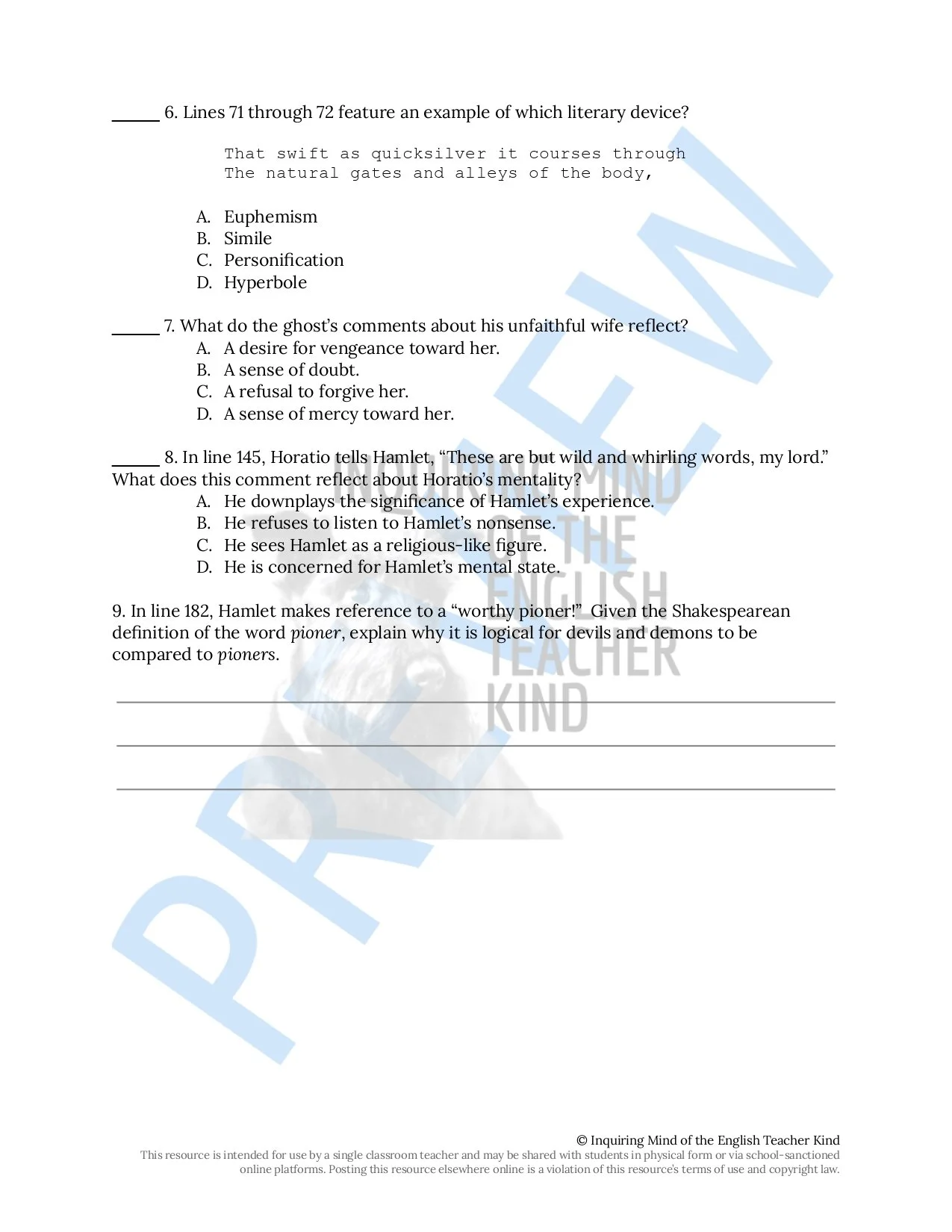 Hamlet Close Reading Analysis Worksheets and Answer Keys Bundle for ...