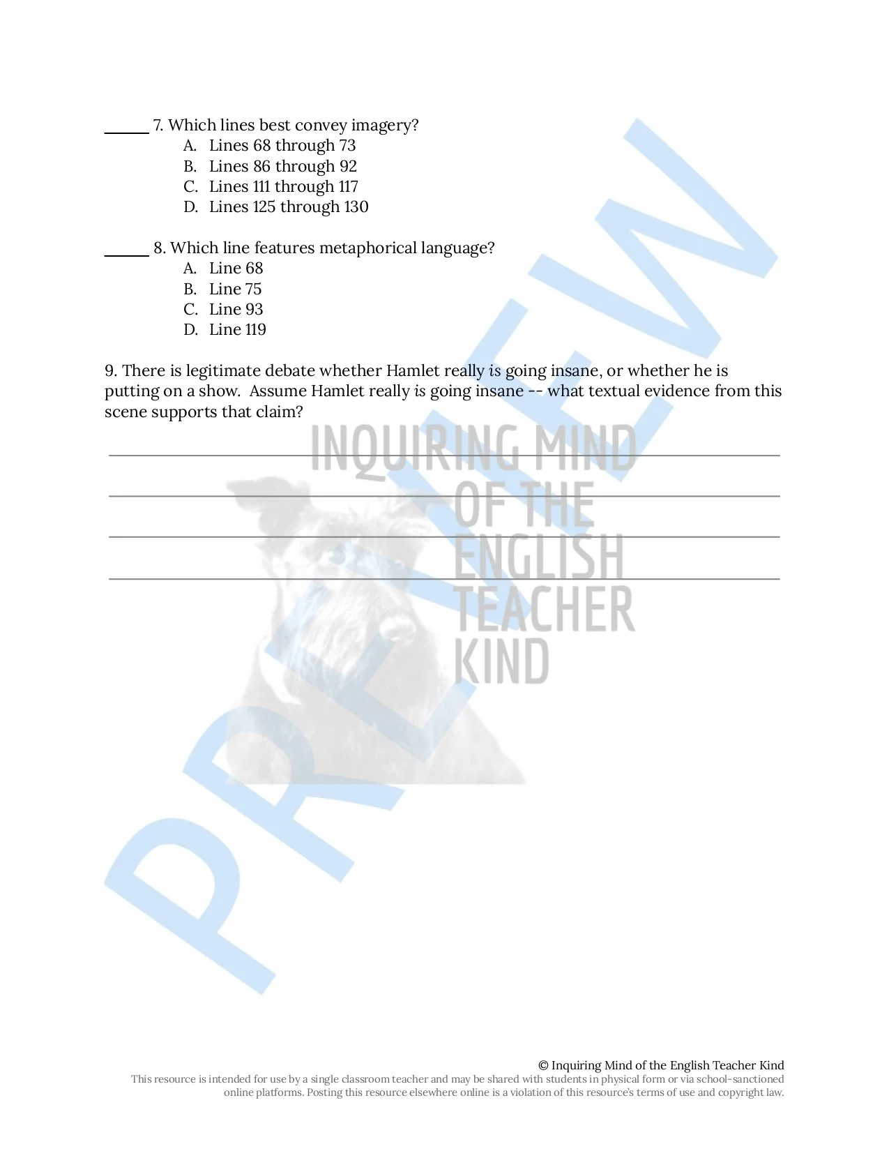 Hamlet Close Reading Analysis Worksheets and Answer Keys Bundle for ...