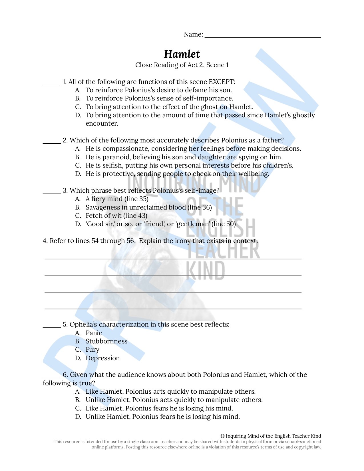 Hamlet Close Reading Analysis Worksheets and Answer Keys Bundle for ...