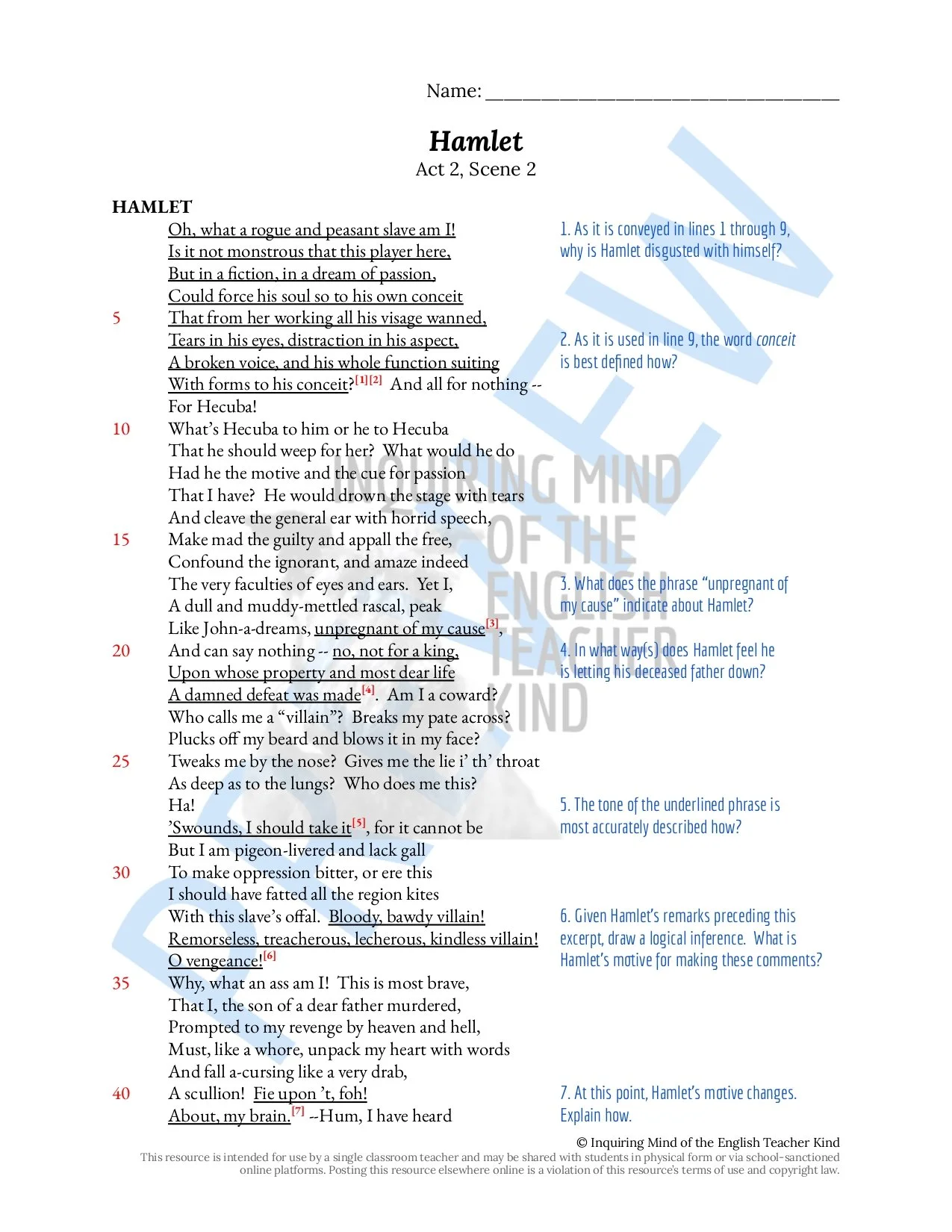 Hamlet Close Reading Analysis Worksheets and Answer Keys Bundle for ...