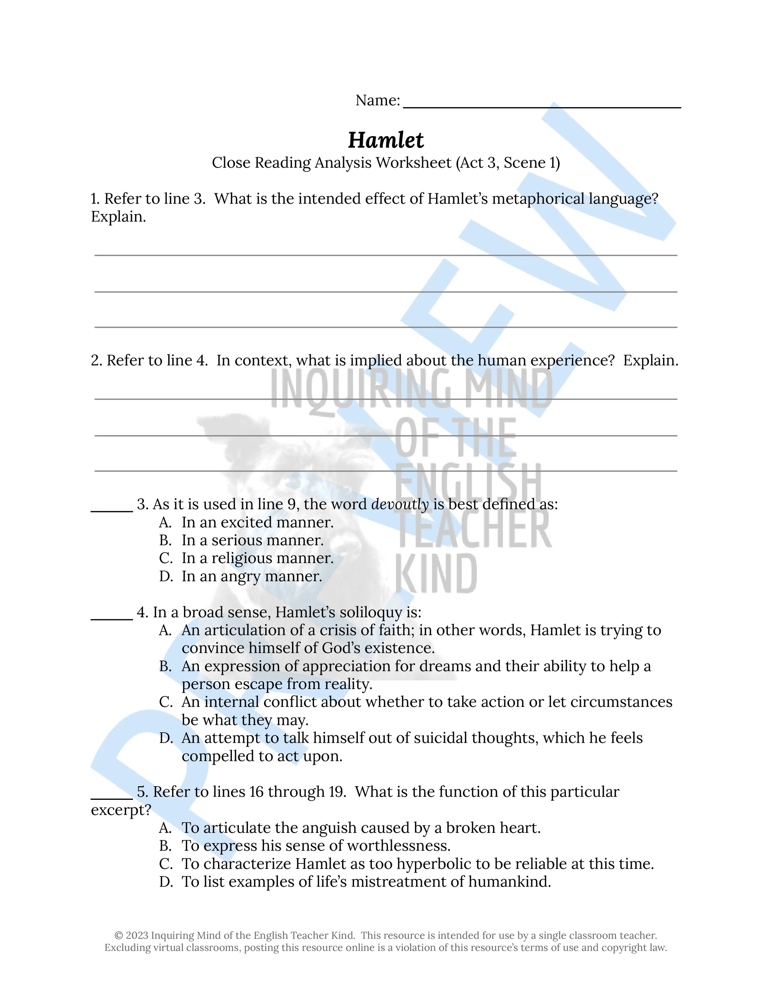 Hamlet Close Reading Analysis Worksheets and Answer Keys Bundle for ...