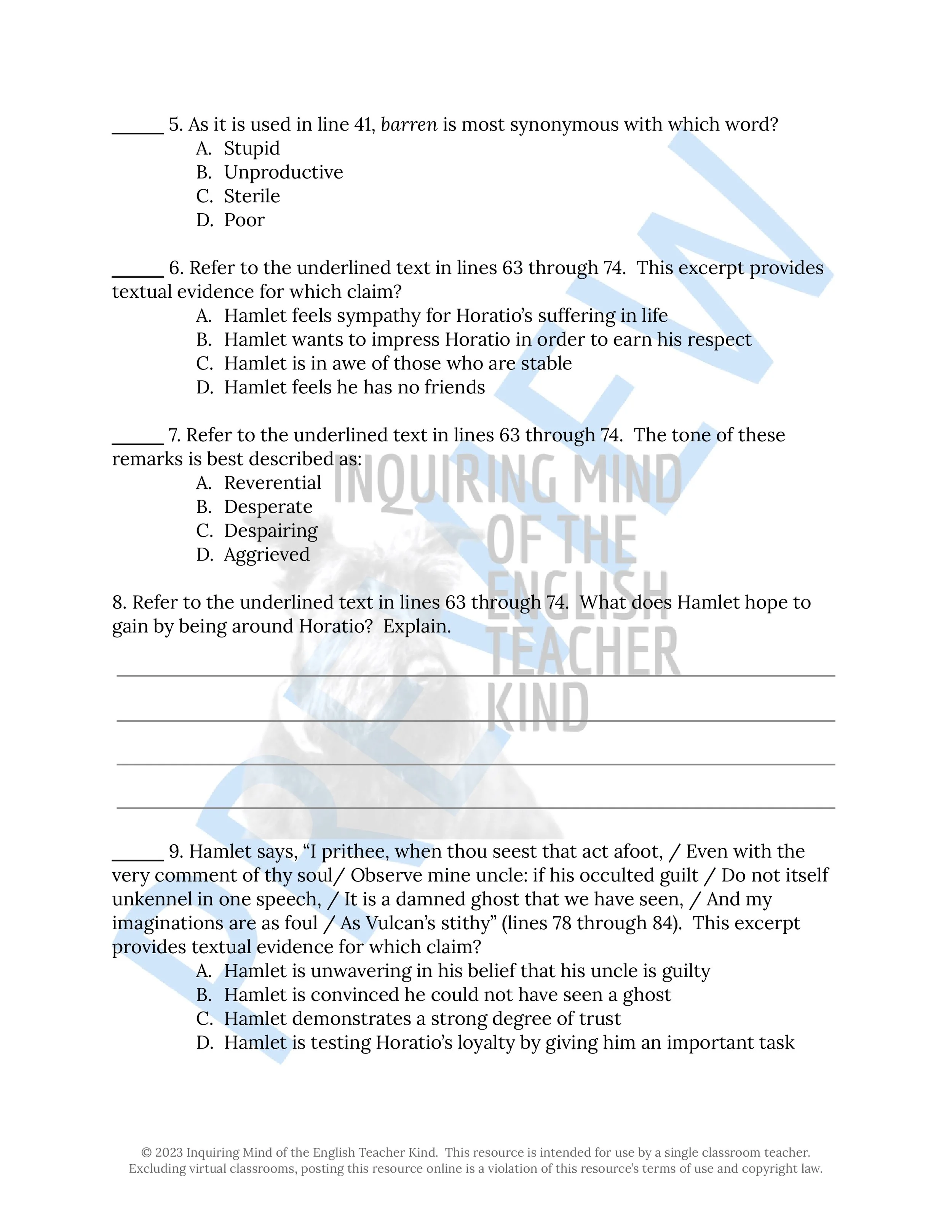 Hamlet Close Reading Analysis Worksheets and Answer Keys Bundle for ...