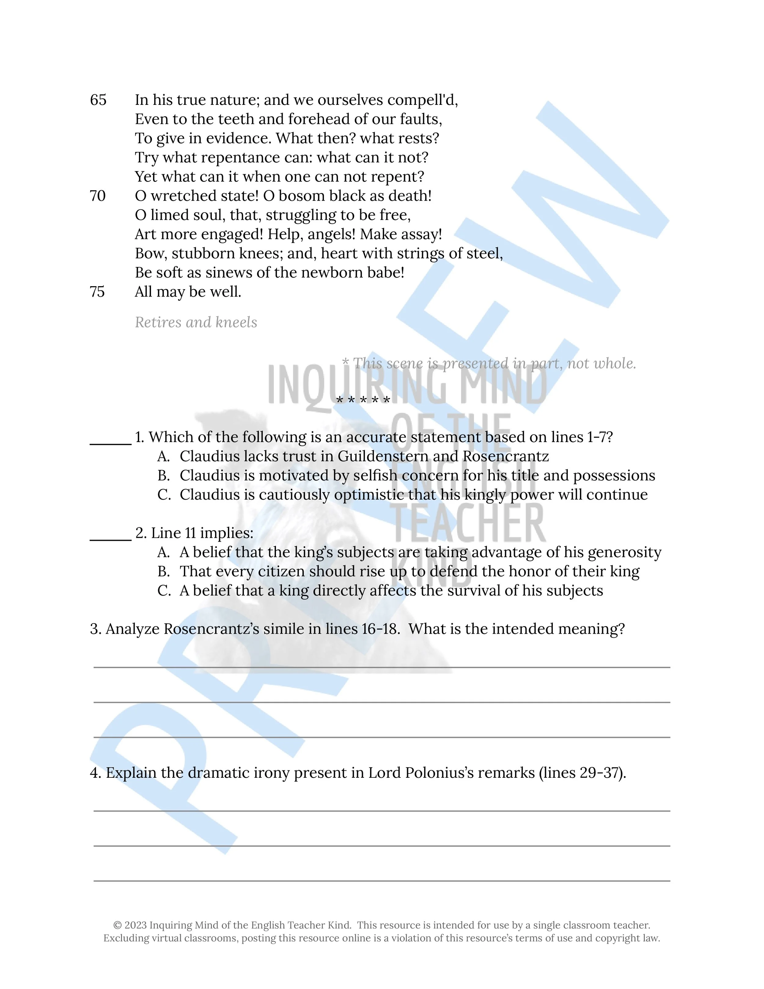 Hamlet Close Reading Analysis Worksheets and Answer Keys Bundle for ...