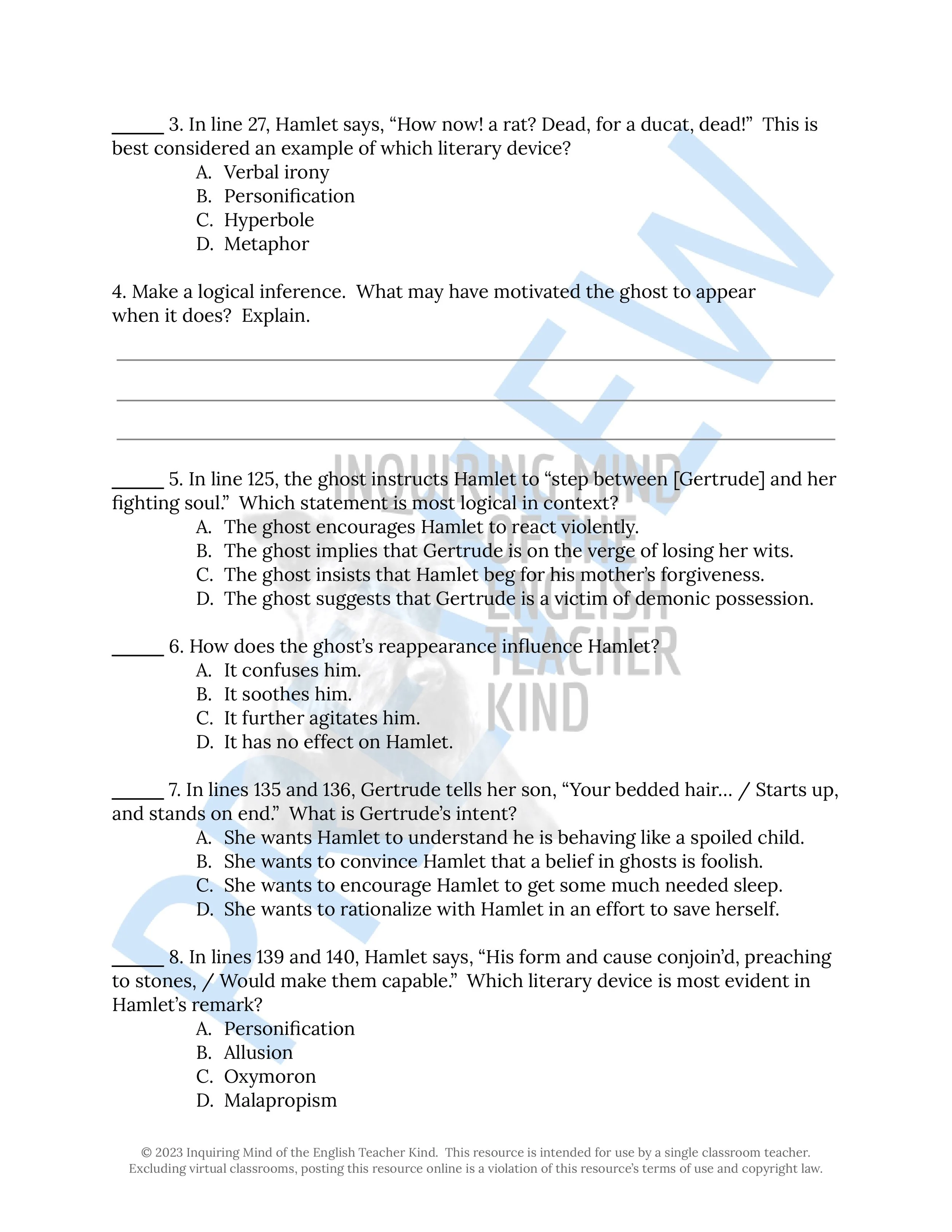 Hamlet Close Reading Analysis Worksheets and Answer Keys Bundle for ...