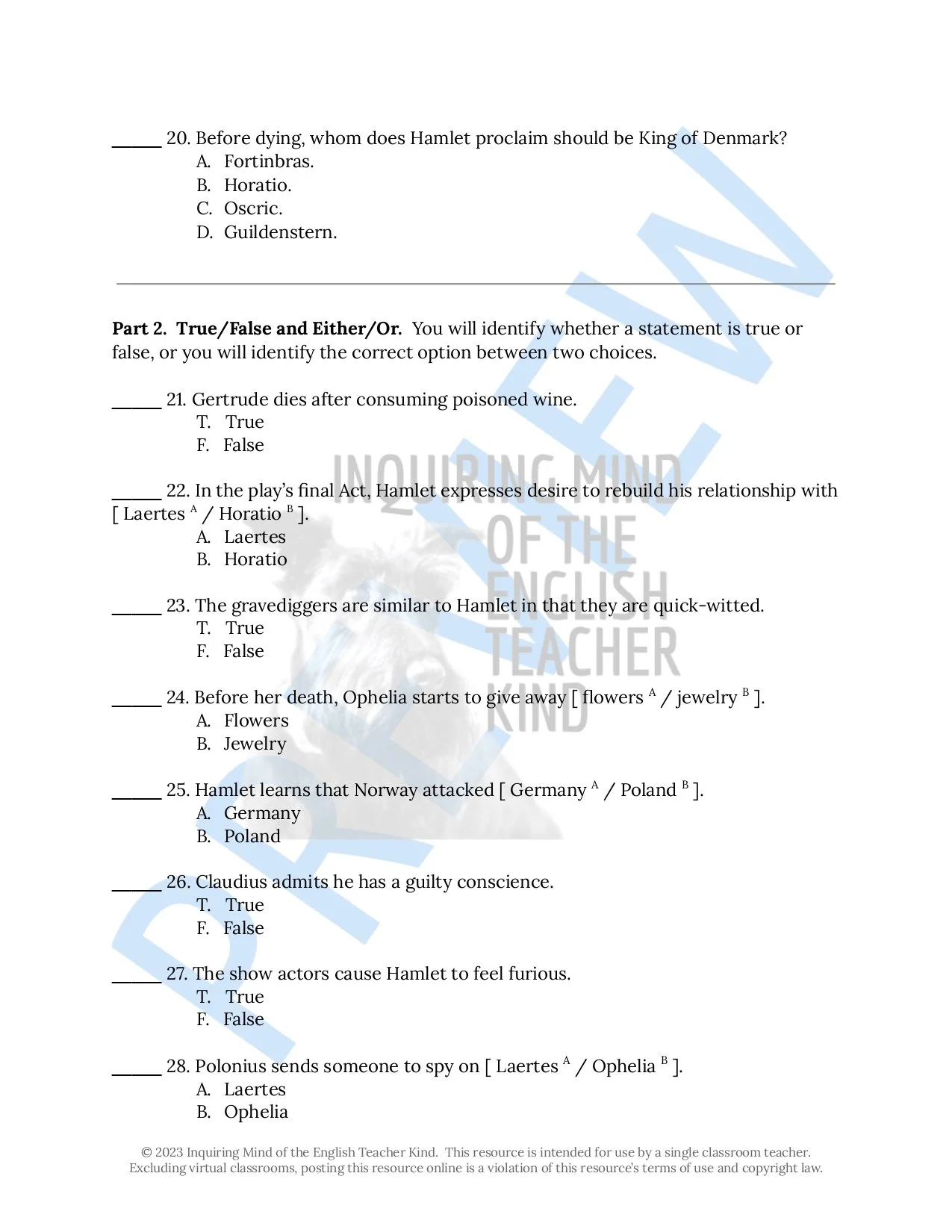 Hamlet Test and Answer Key for High School - Inquiring Mind of the ...