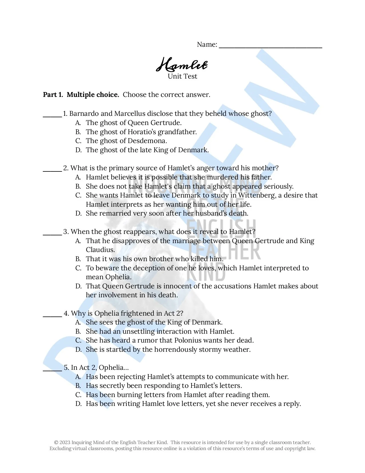 Hamlet Test and Answer Key for High School - Inquiring Mind of the ...