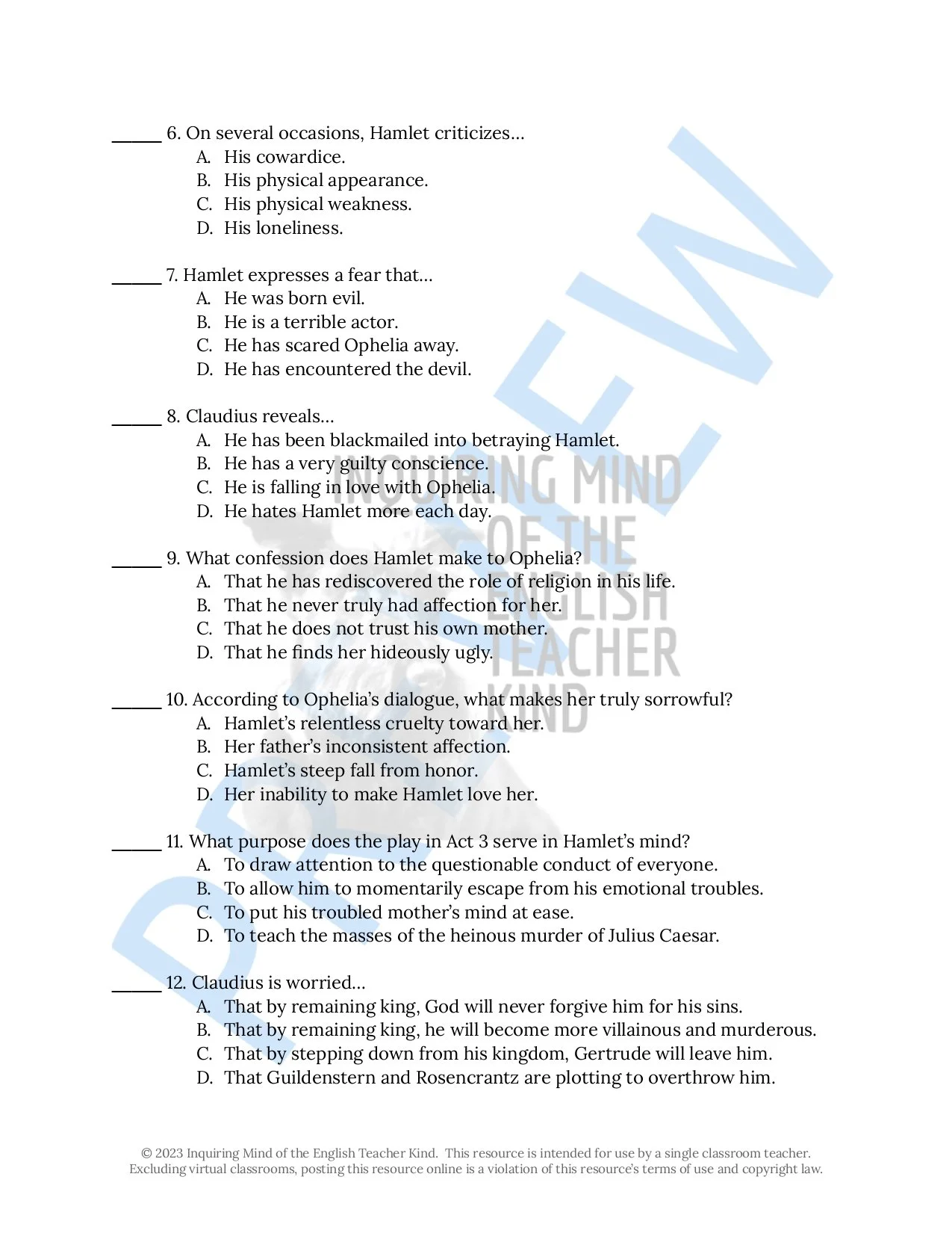 Hamlet Test and Answer Key for High School - Inquiring Mind of the ...