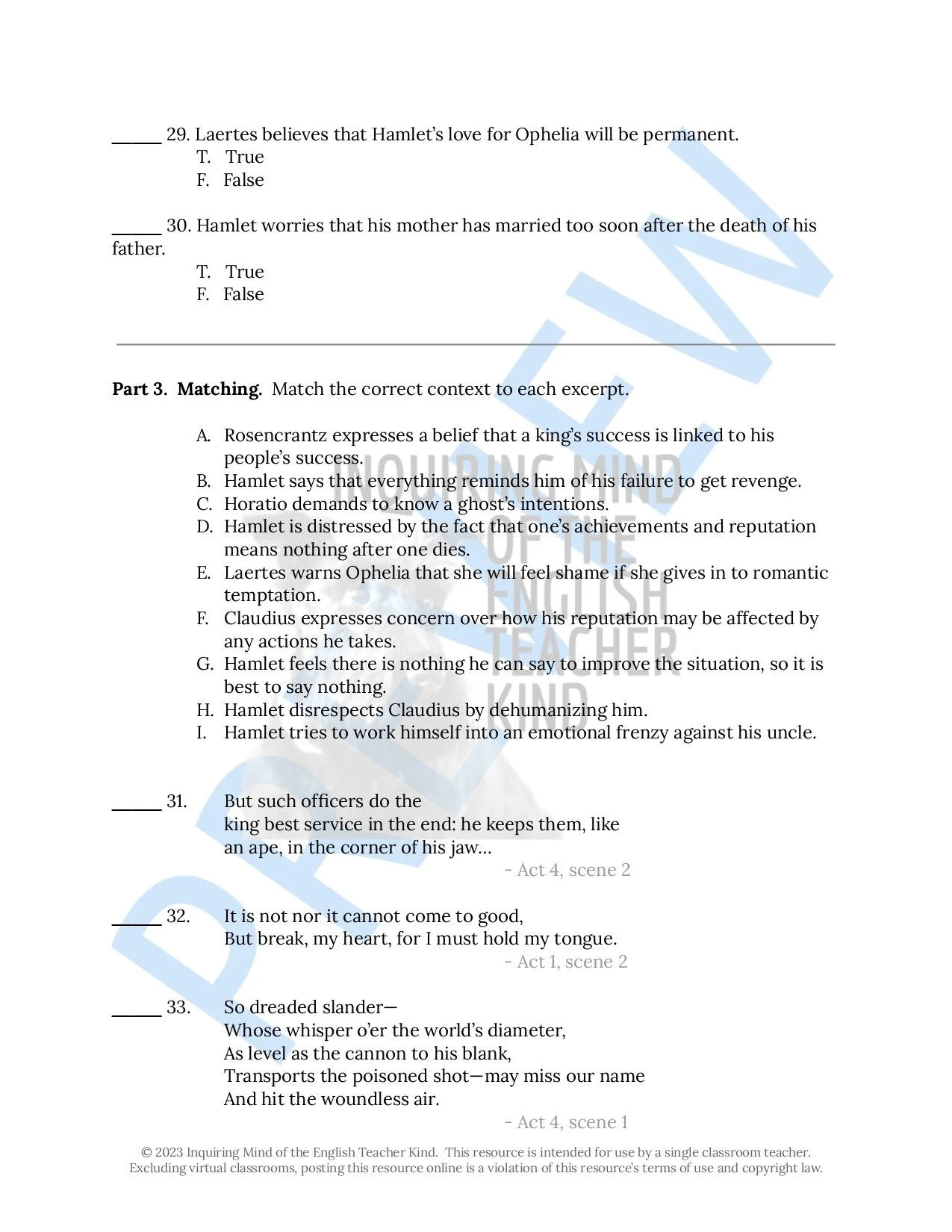 Hamlet Test and Answer Key for High School - Inquiring Mind of the ...