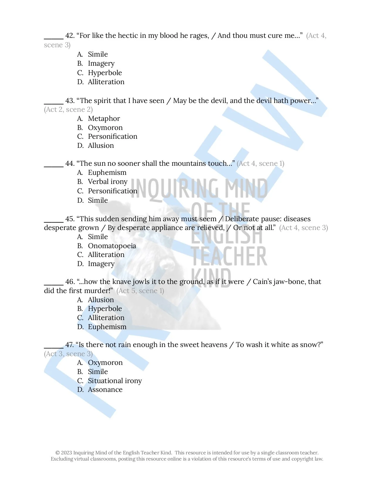 Hamlet Test and Answer Key for High School - Inquiring Mind of the ...