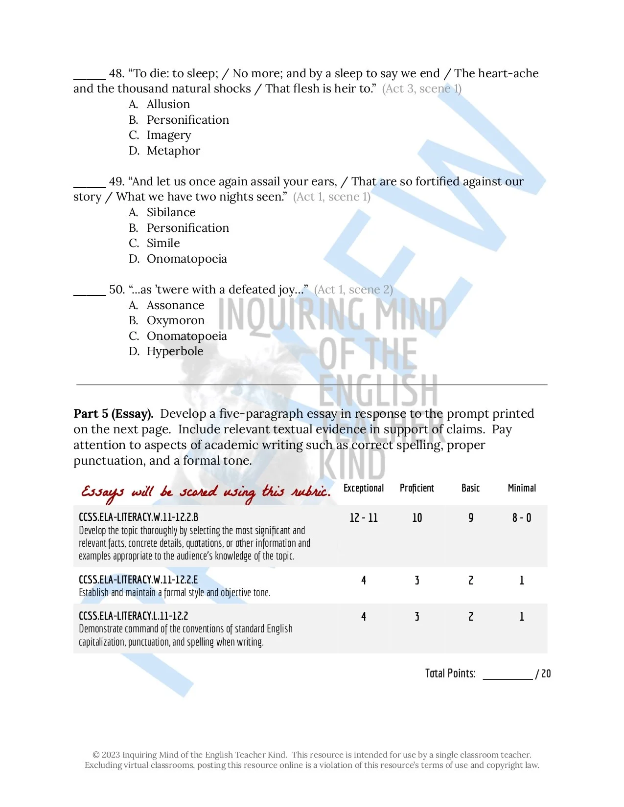 Hamlet Test and Answer Key for High School - Inquiring Mind of the ...
