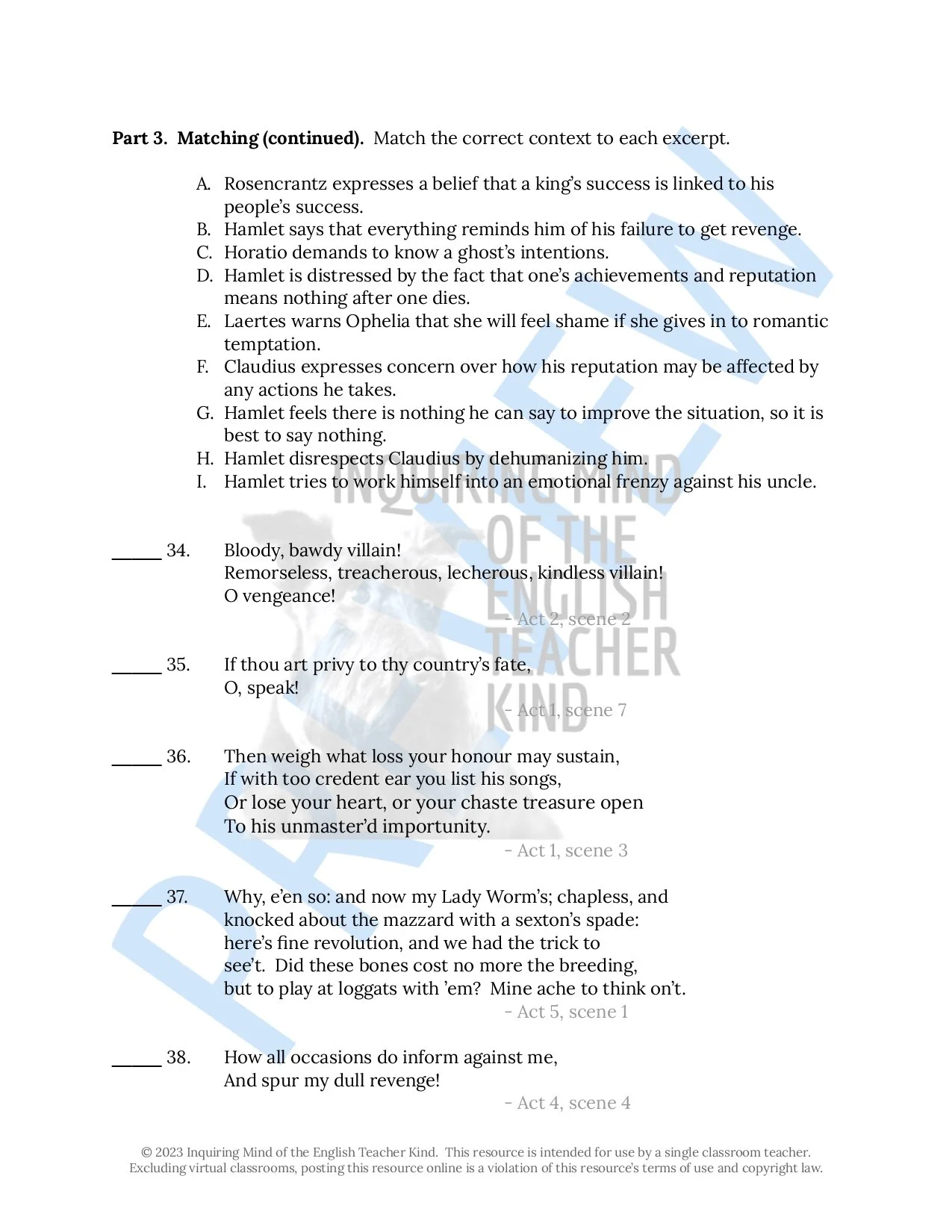 Hamlet Test and Answer Key for High School - Inquiring Mind of the ...