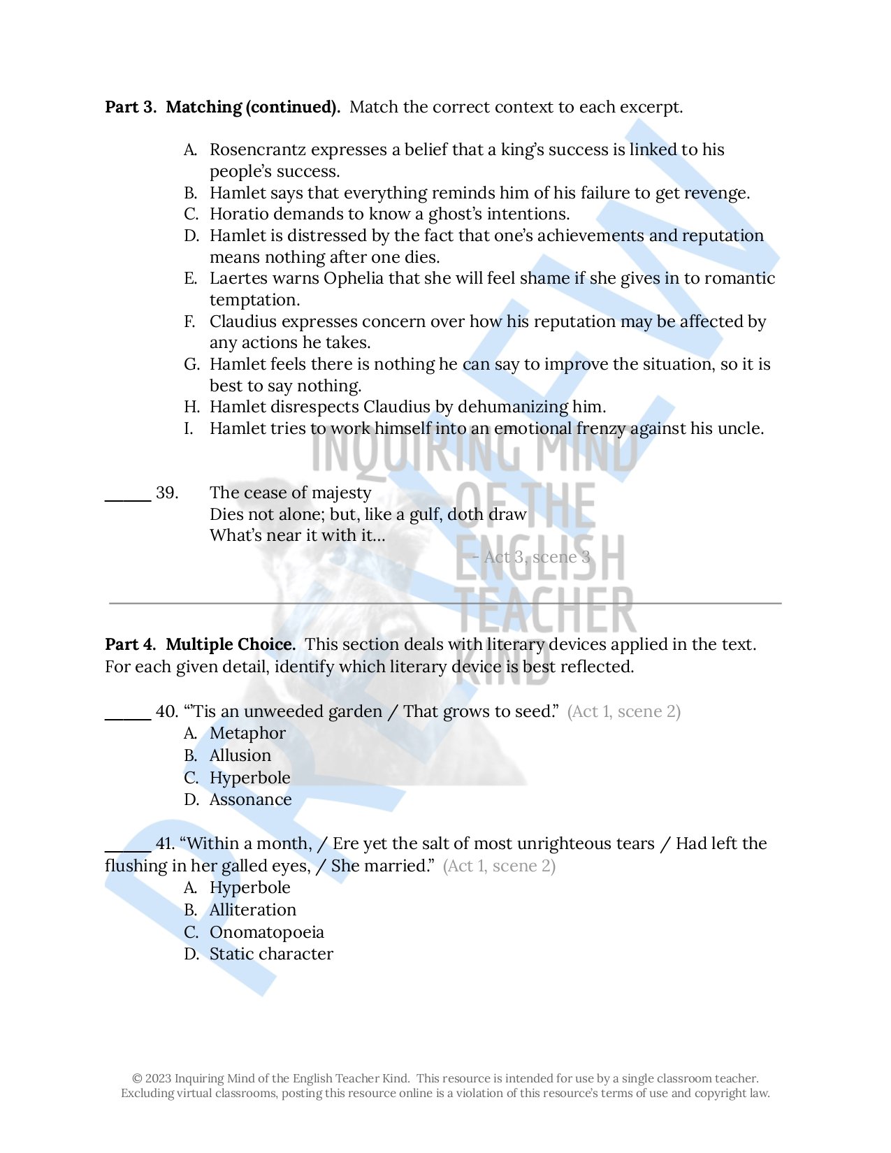 Hamlet Test and Answer Key for High School - Inquiring Mind of the ...