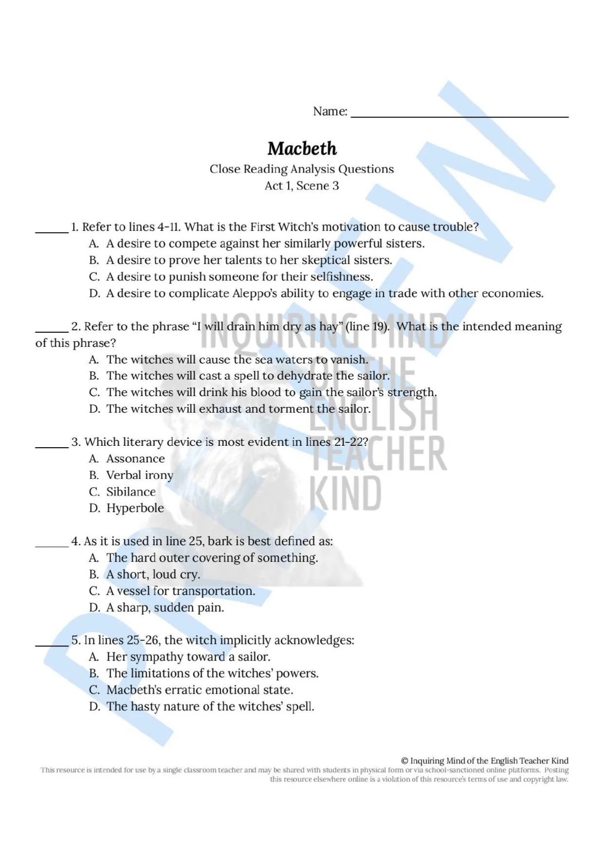 Macbeth Act 1 Quiz and Close Reading Worksheets Bundle by Inquiring ...