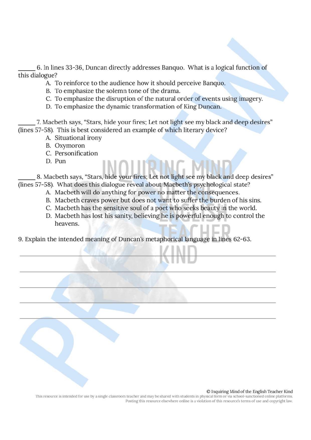 Macbeth Act 1 Quiz and Close Reading Worksheets Bundle by Inquiring ...