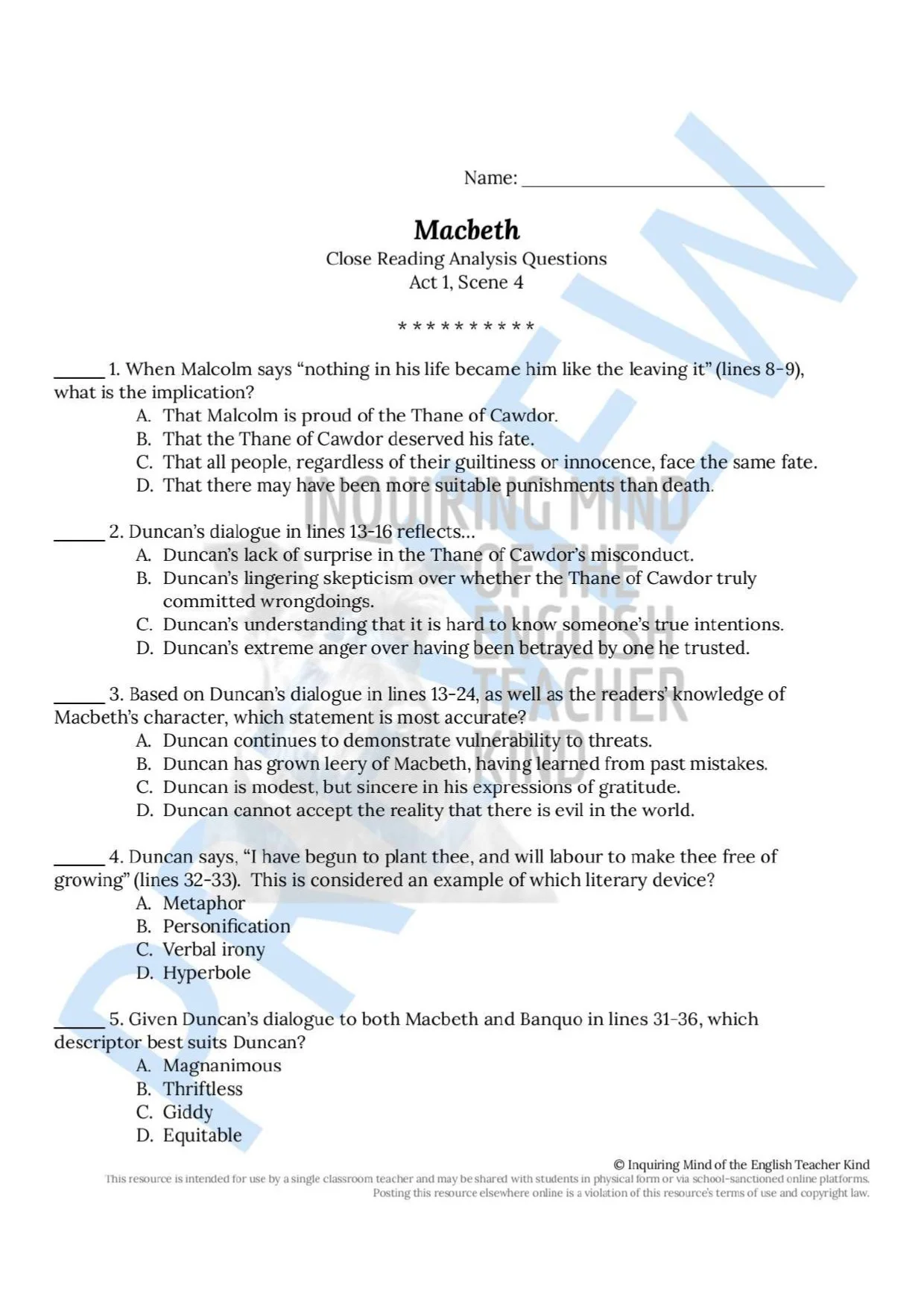 Macbeth Act 1 Quiz and Close Reading Worksheets Bundle by Inquiring ...