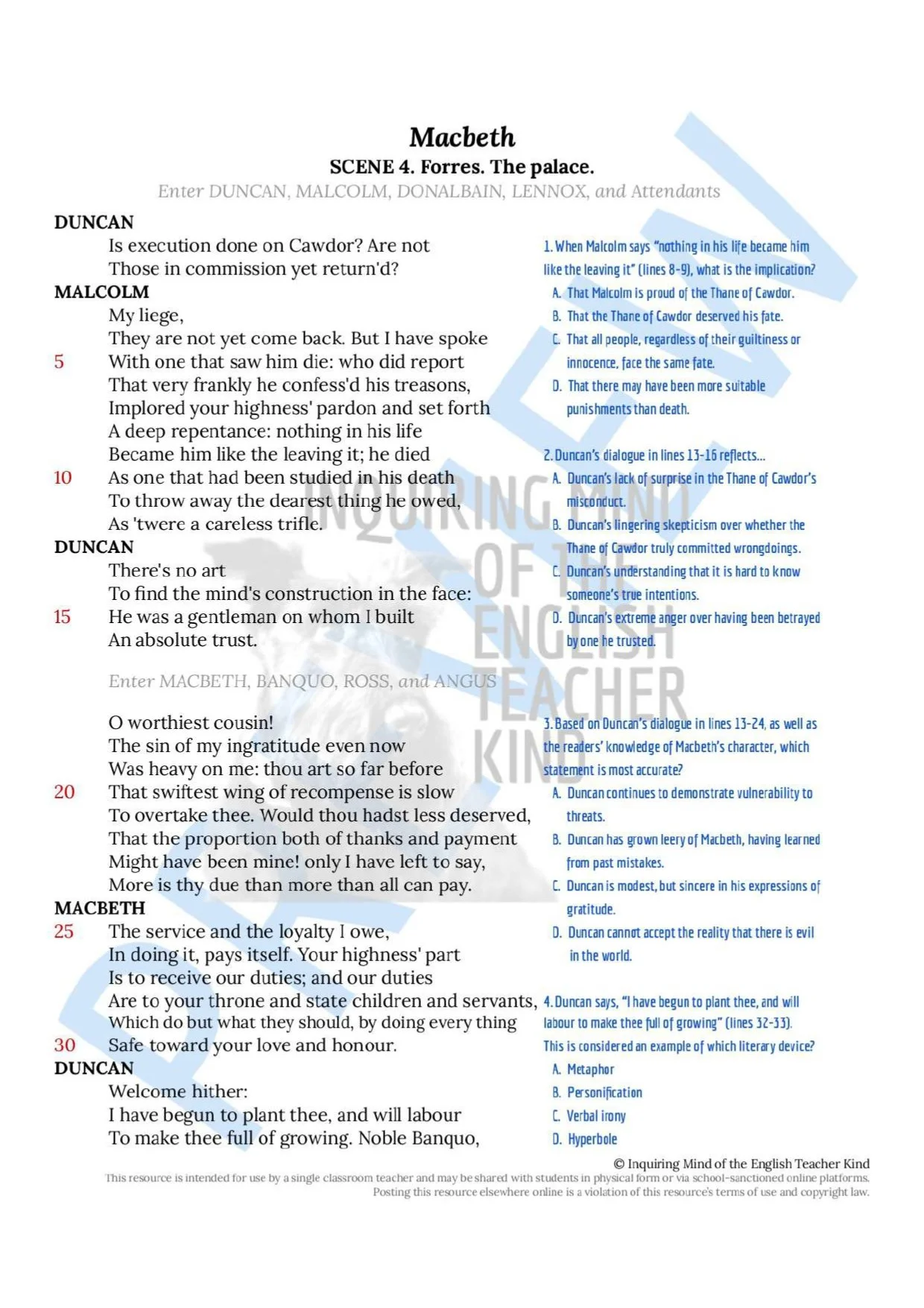 Macbeth Act 1 Quiz and Close Reading Worksheets Bundle by Inquiring ...