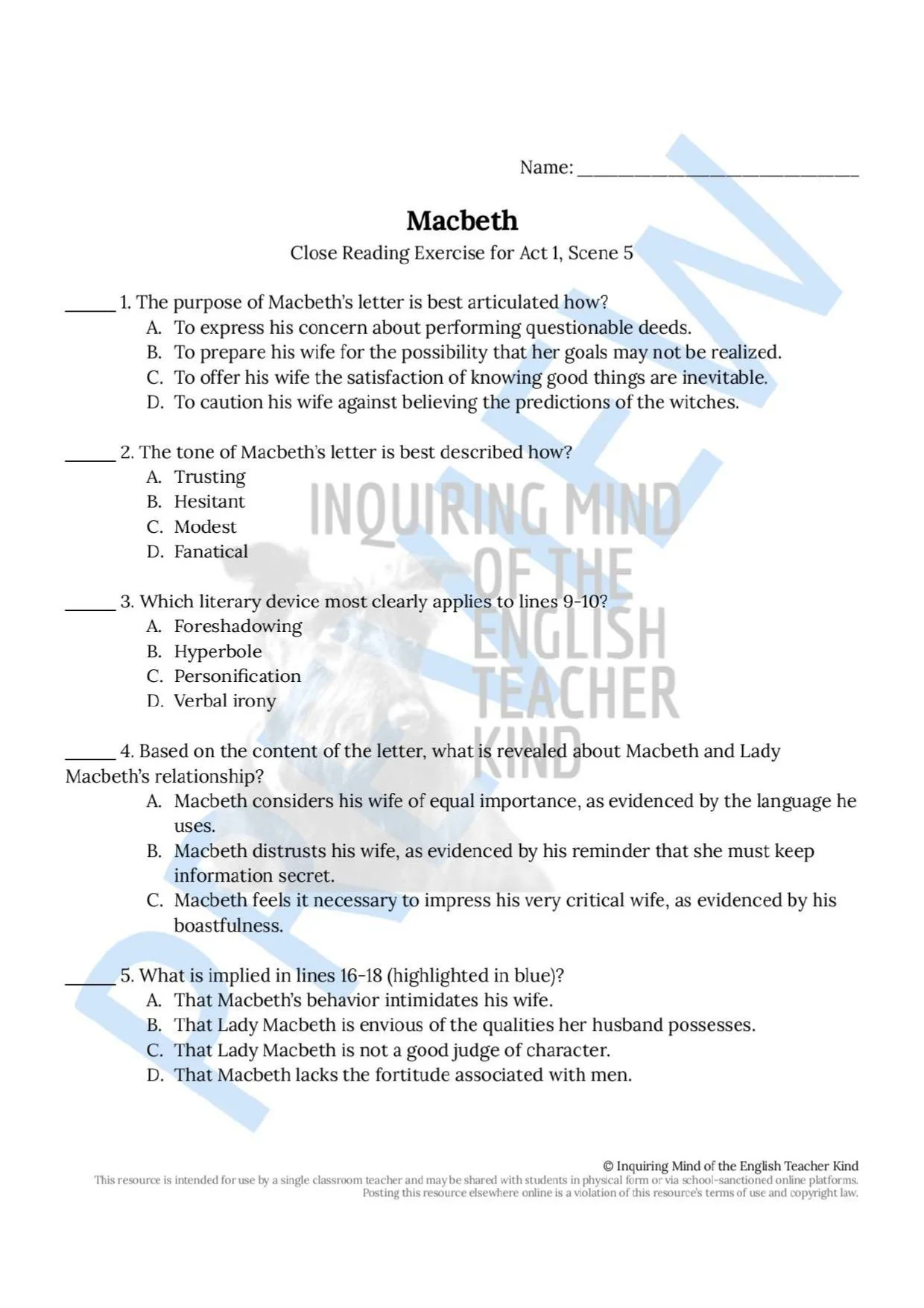 Macbeth Act 1 Quiz and Close Reading Worksheets Bundle by Inquiring ...