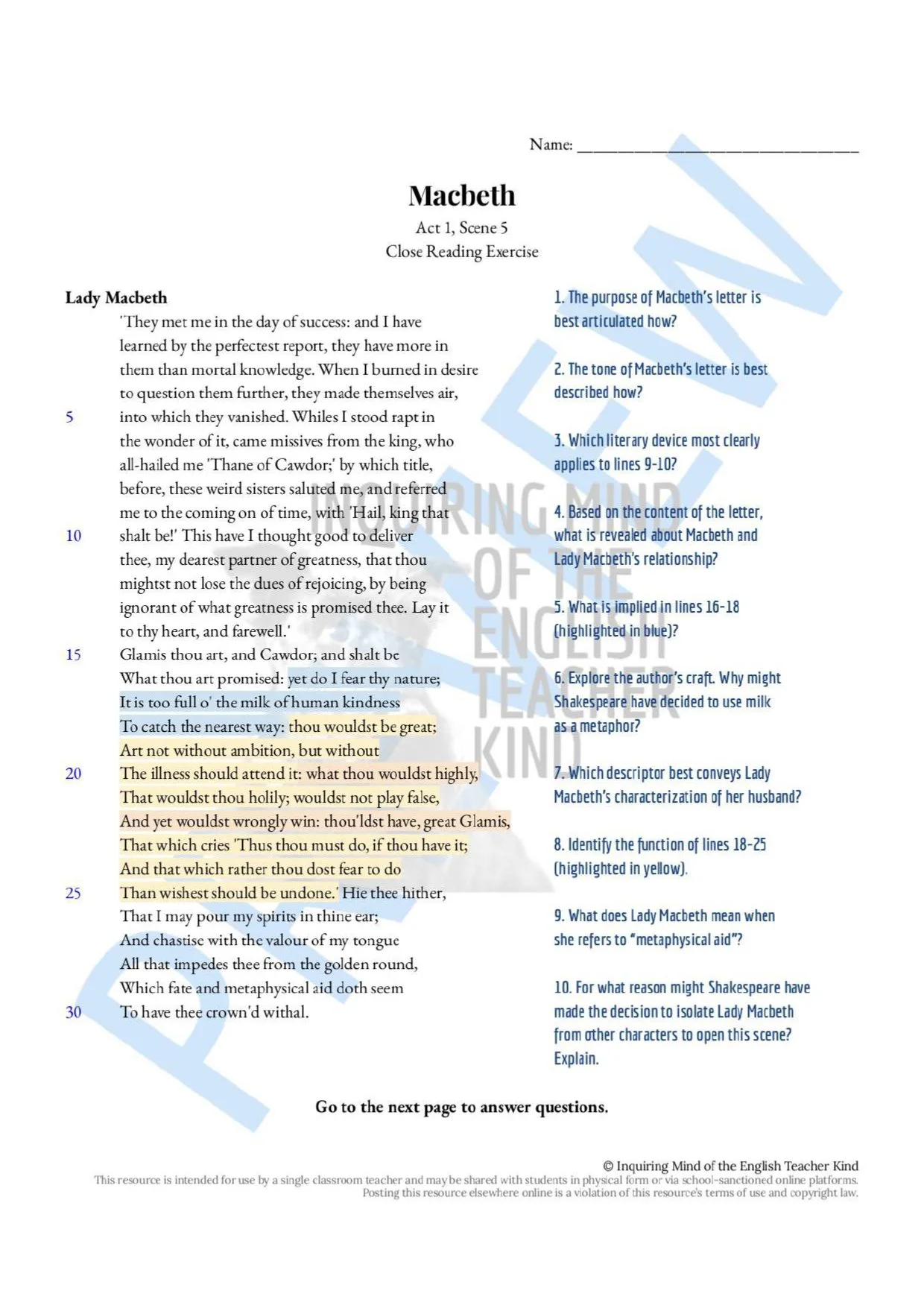 Macbeth Act 1 Quiz and Close Reading Worksheets Bundle by Inquiring ...