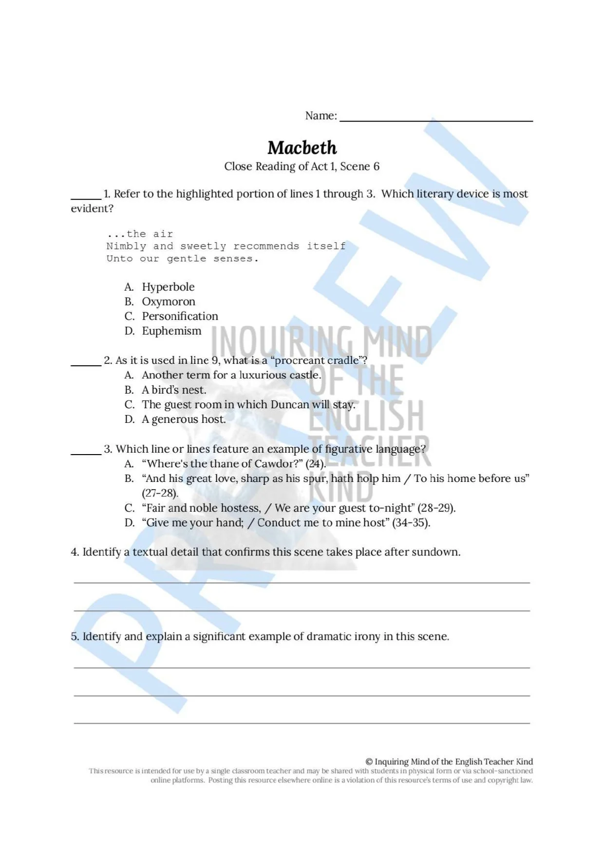 Macbeth Act 1 Quiz and Close Reading Worksheets Bundle by Inquiring ...