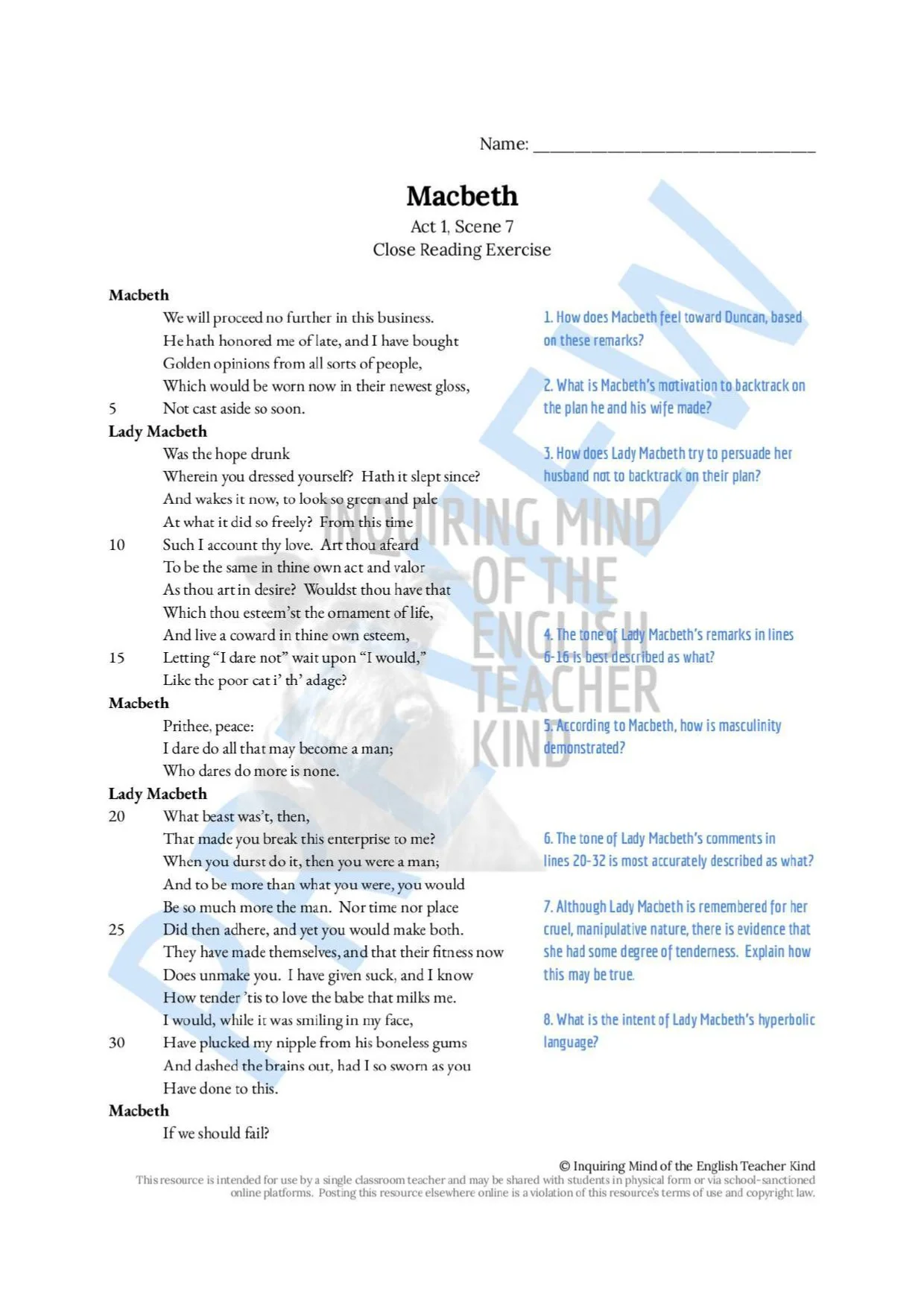 Macbeth Act 1 Quiz and Close Reading Worksheets Bundle by Inquiring ...