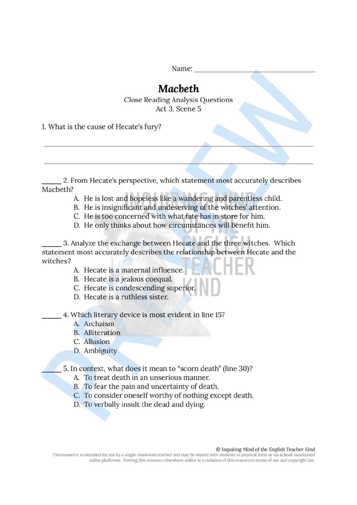 Macbeth Act 3 Quiz and Close Reading Worksheets Bundle by Inquiring ...