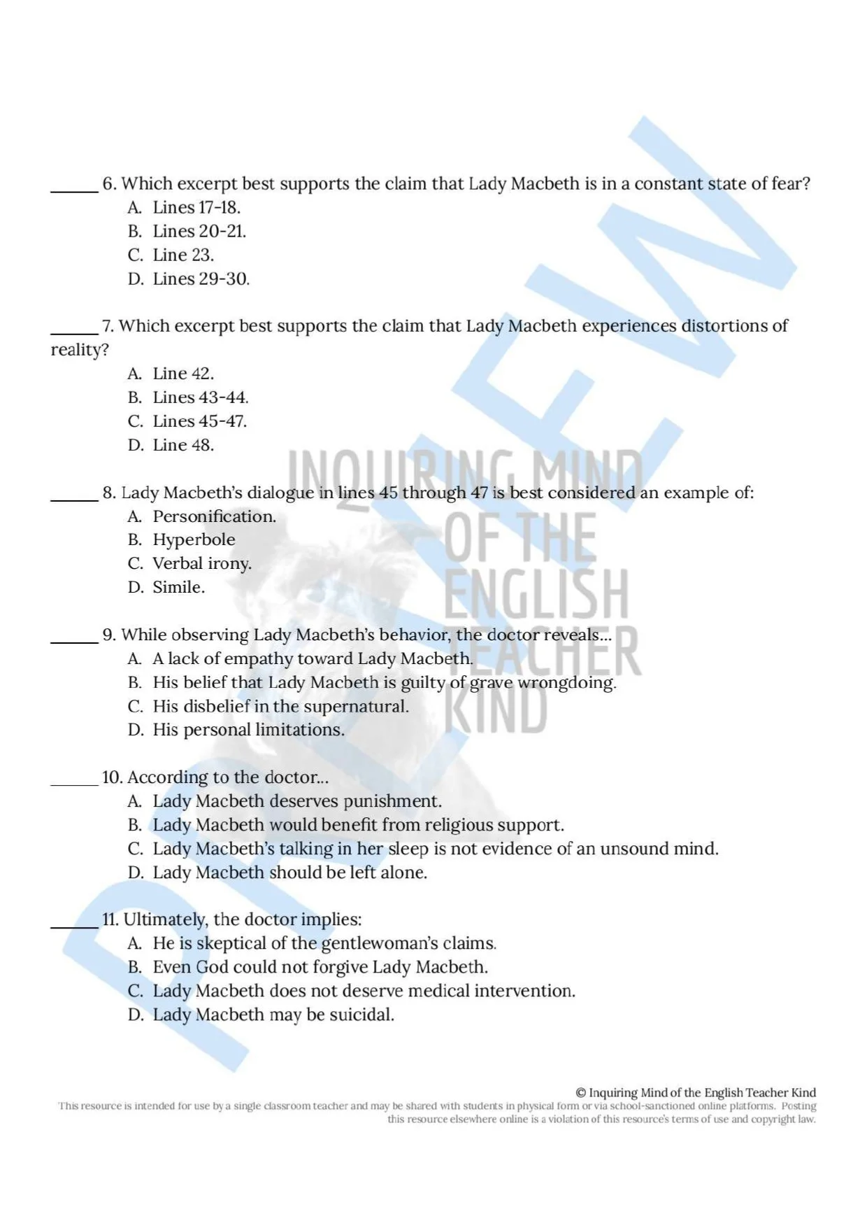 Macbeth Act 5 Quiz and Close Reading Worksheets Bundle by Inquiring ...