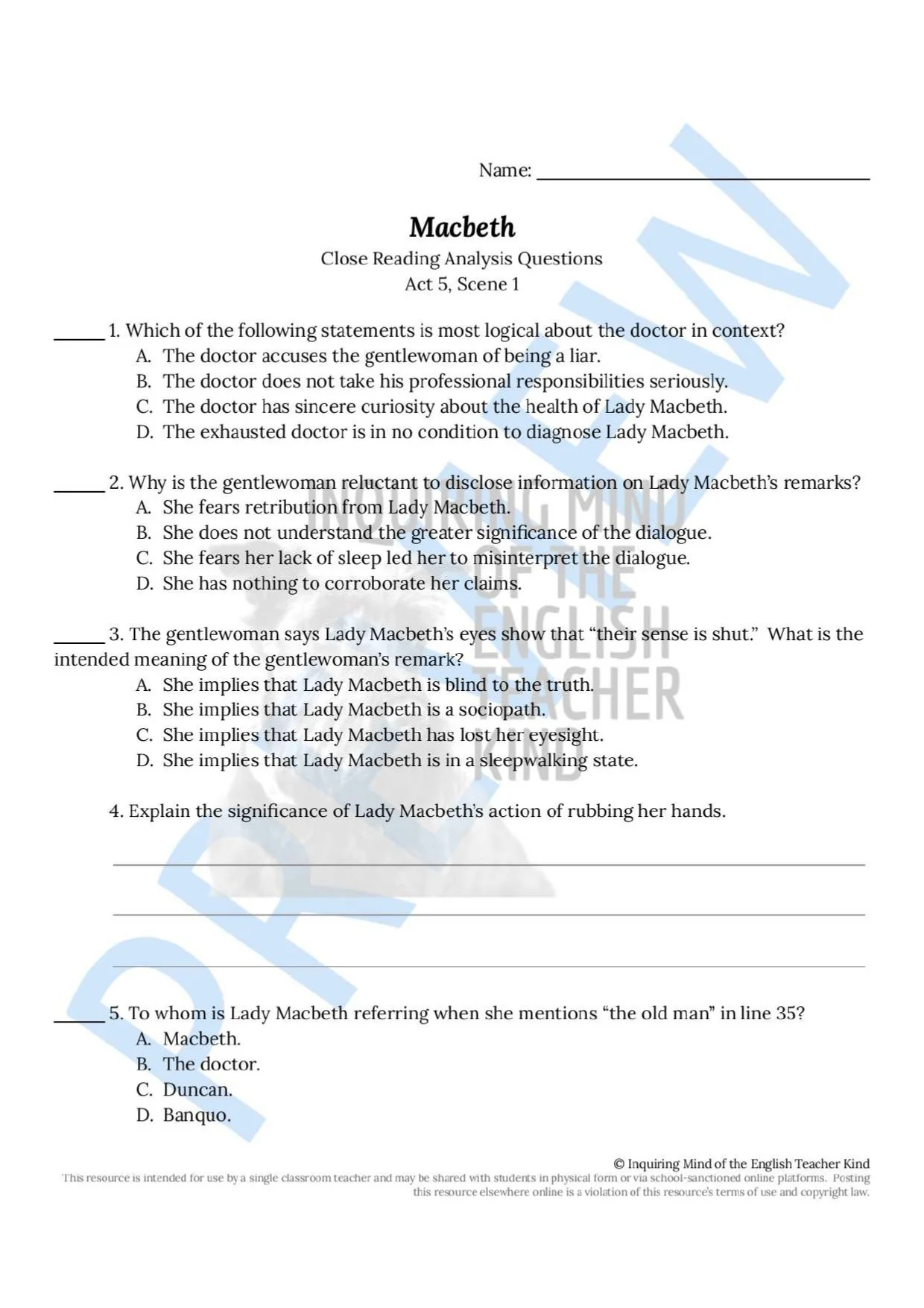 Macbeth Act 5 Quiz and Close Reading Worksheets Bundle by Inquiring ...