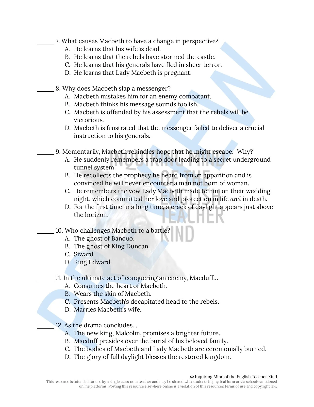 Macbeth Act 5 Quiz and Close Reading Worksheets Bundle by Inquiring ...