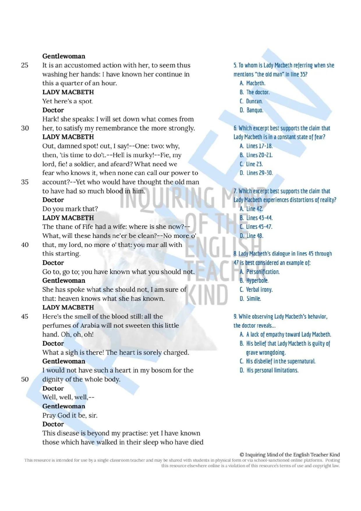 Macbeth Act 5 Quiz and Close Reading Worksheets Bundle by Inquiring ...