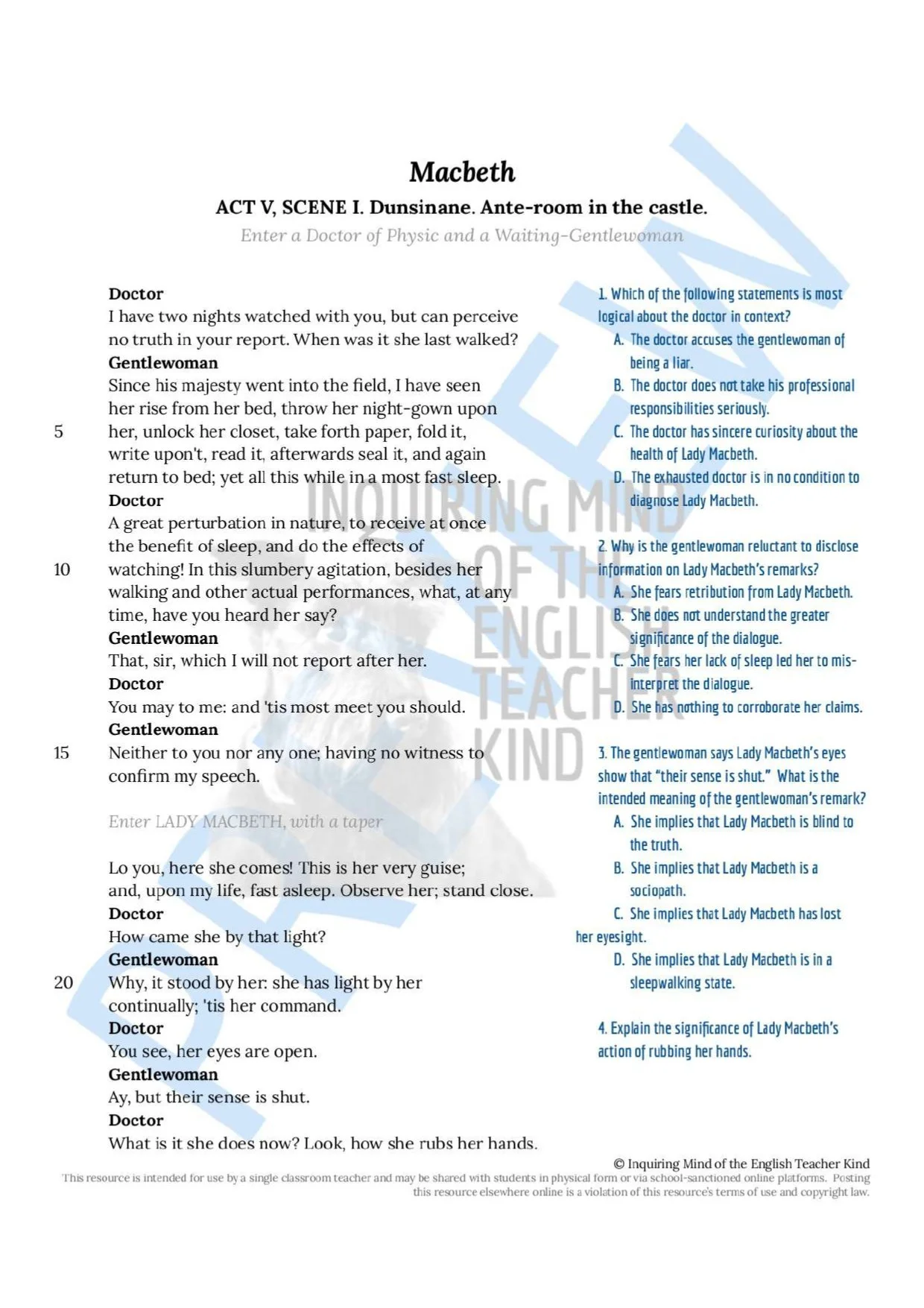 Macbeth Act 5 Quiz and Close Reading Worksheets Bundle by Inquiring ...