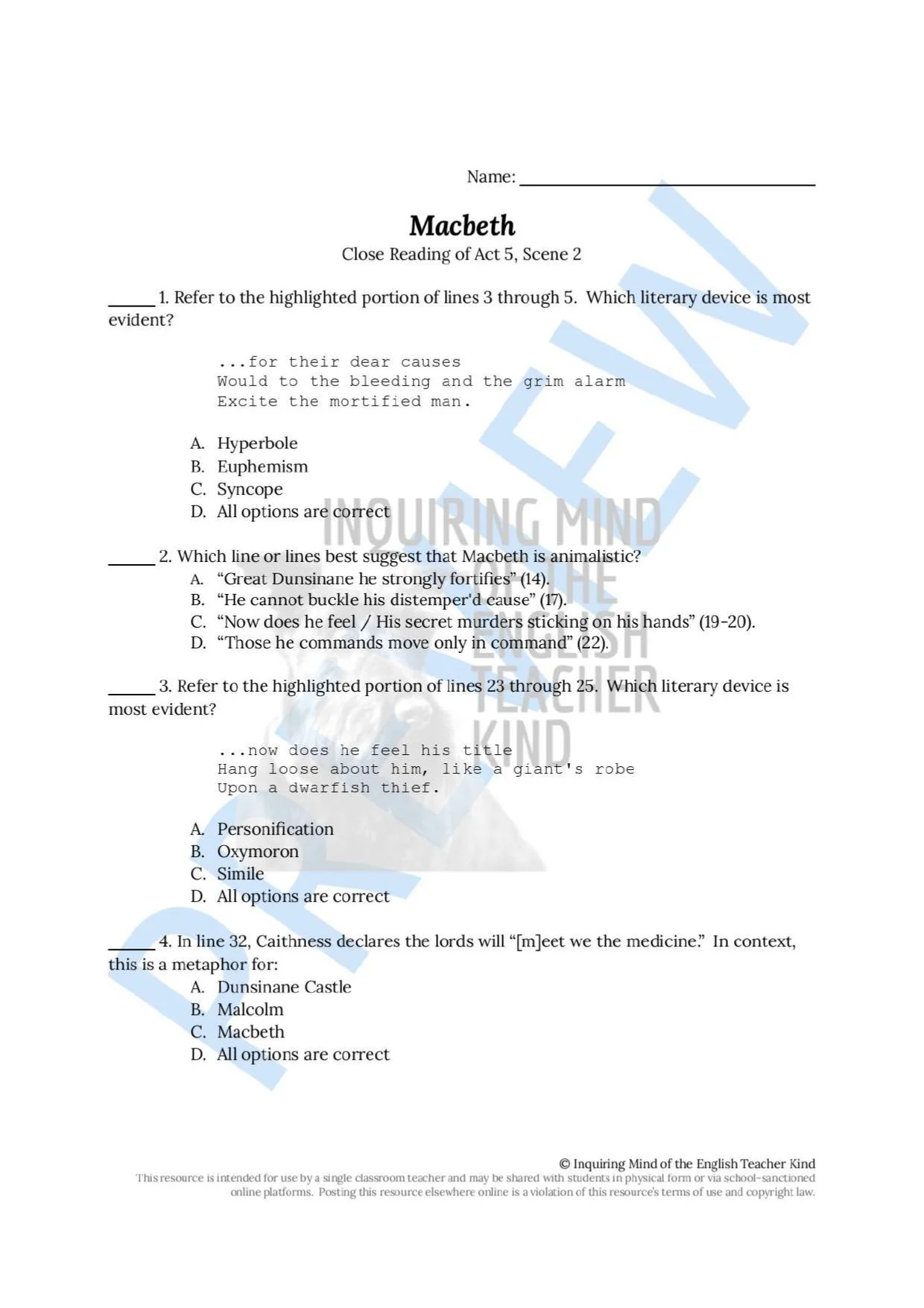 Macbeth Act 5 Quiz and Close Reading Worksheets Bundle by Inquiring ...