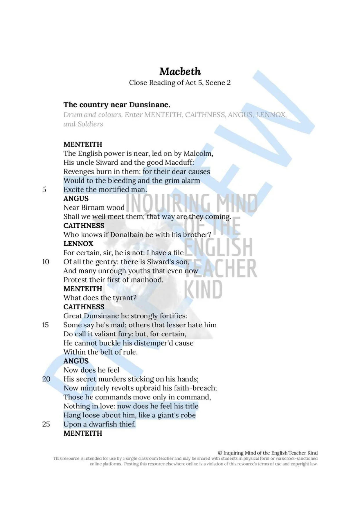 Macbeth Act 5 Quiz and Close Reading Worksheets Bundle by Inquiring ...