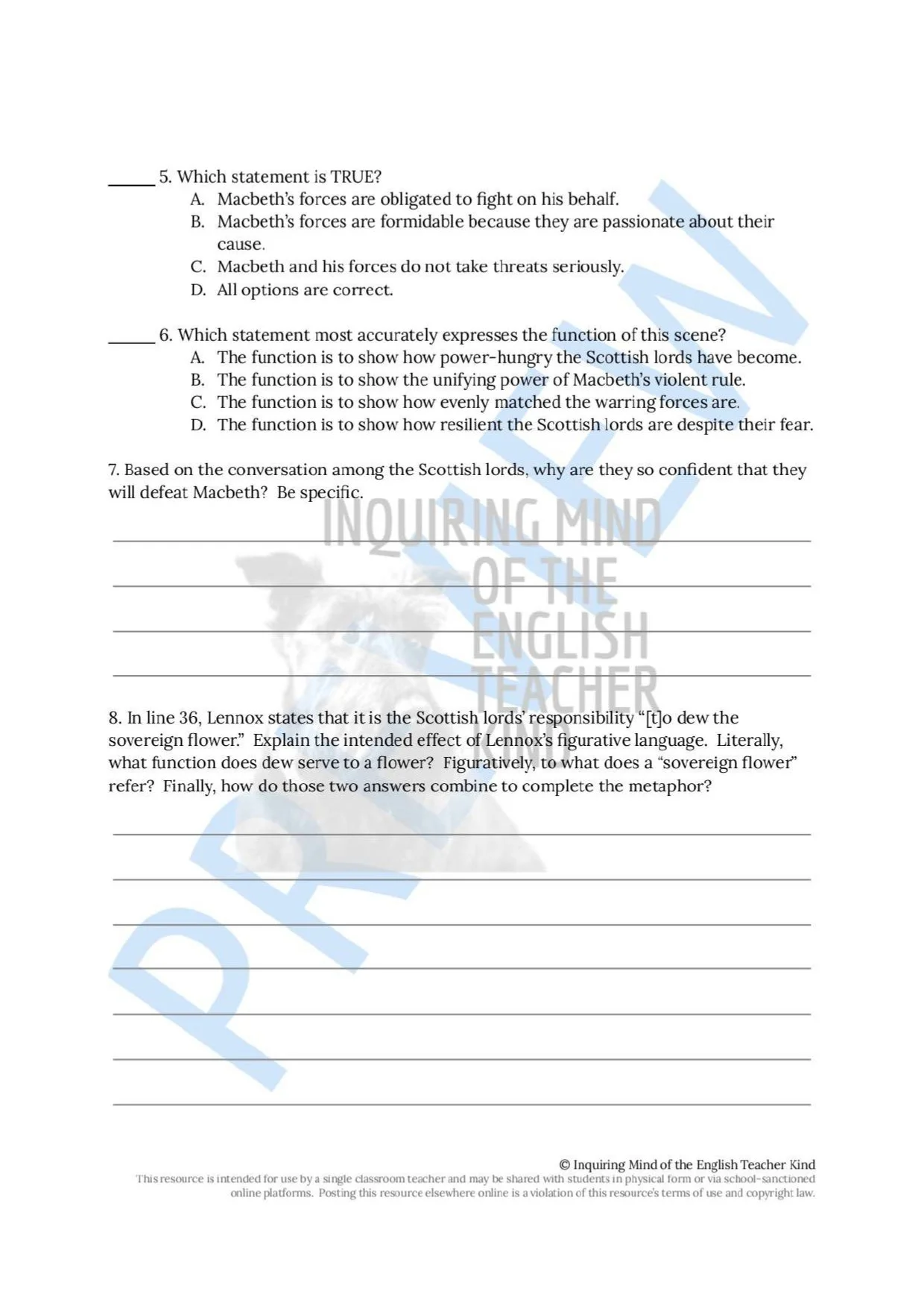 Macbeth Act 5 Quiz and Close Reading Worksheets Bundle by Inquiring ...