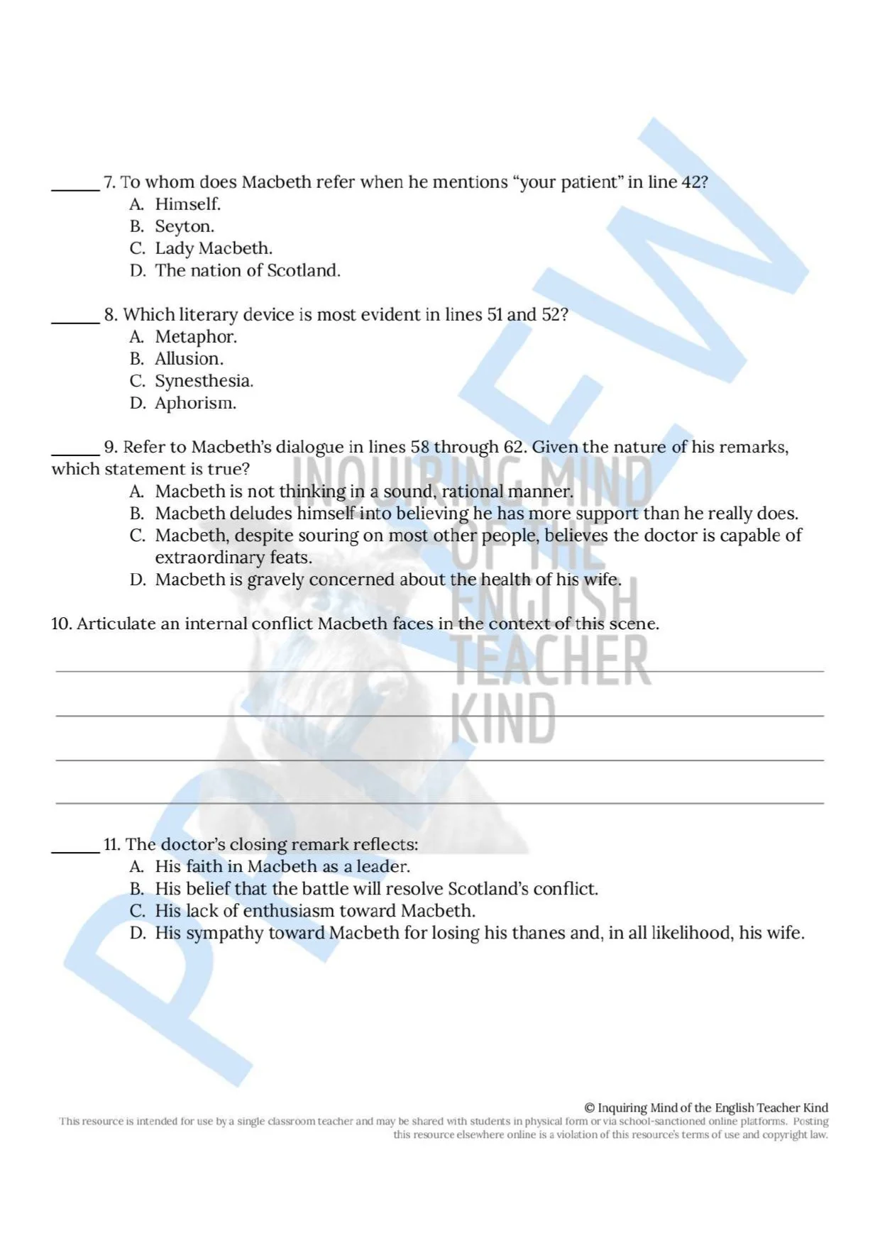 Macbeth Act 5 Quiz and Close Reading Worksheets Bundle by Inquiring ...