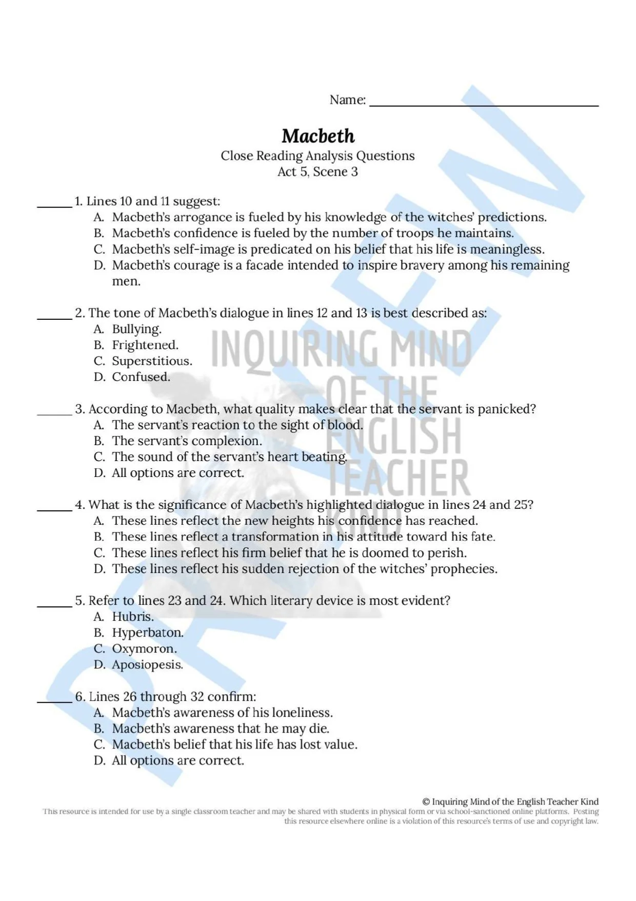 Macbeth Act 5 Quiz and Close Reading Worksheets Bundle by Inquiring ...