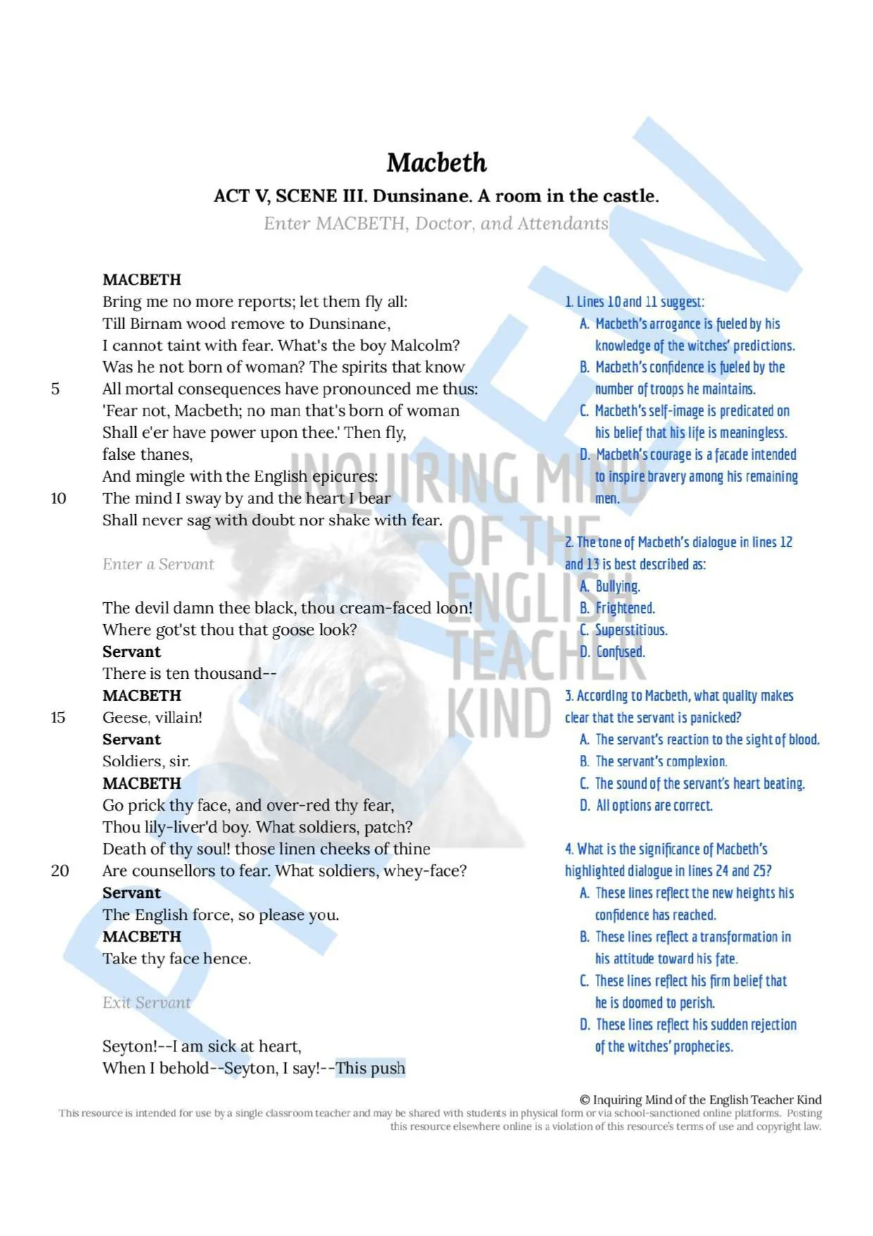 Macbeth Act 5 Quiz and Close Reading Worksheets Bundle by Inquiring ...